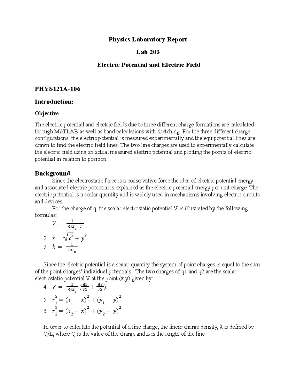 Lab 203 - Lab - Physics Laboratory Report Lab 203 Electric Potential ...