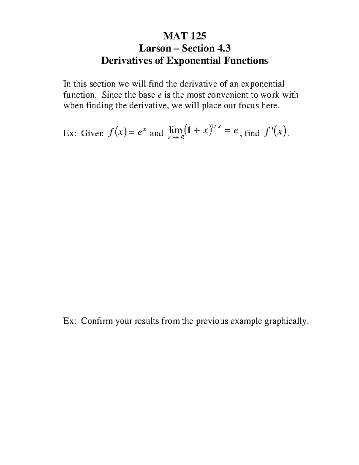 4.3, 4.4 - Der of Exp & Log Fun - MAT 125 Larson – Section 4 ...