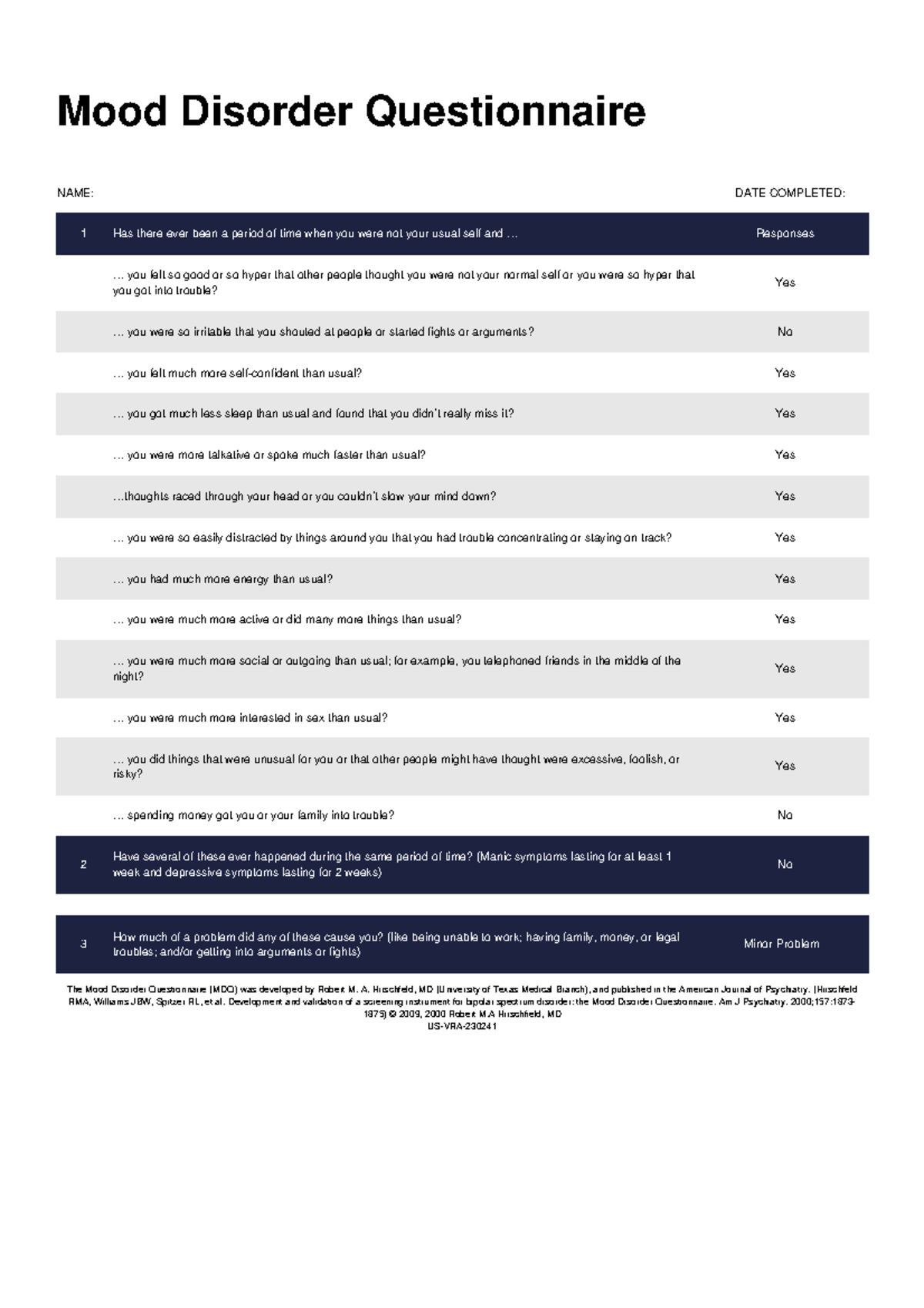 MDQ - math math amth - Mood Disorder Questionnaire NAME: DATE COMPLETED ...