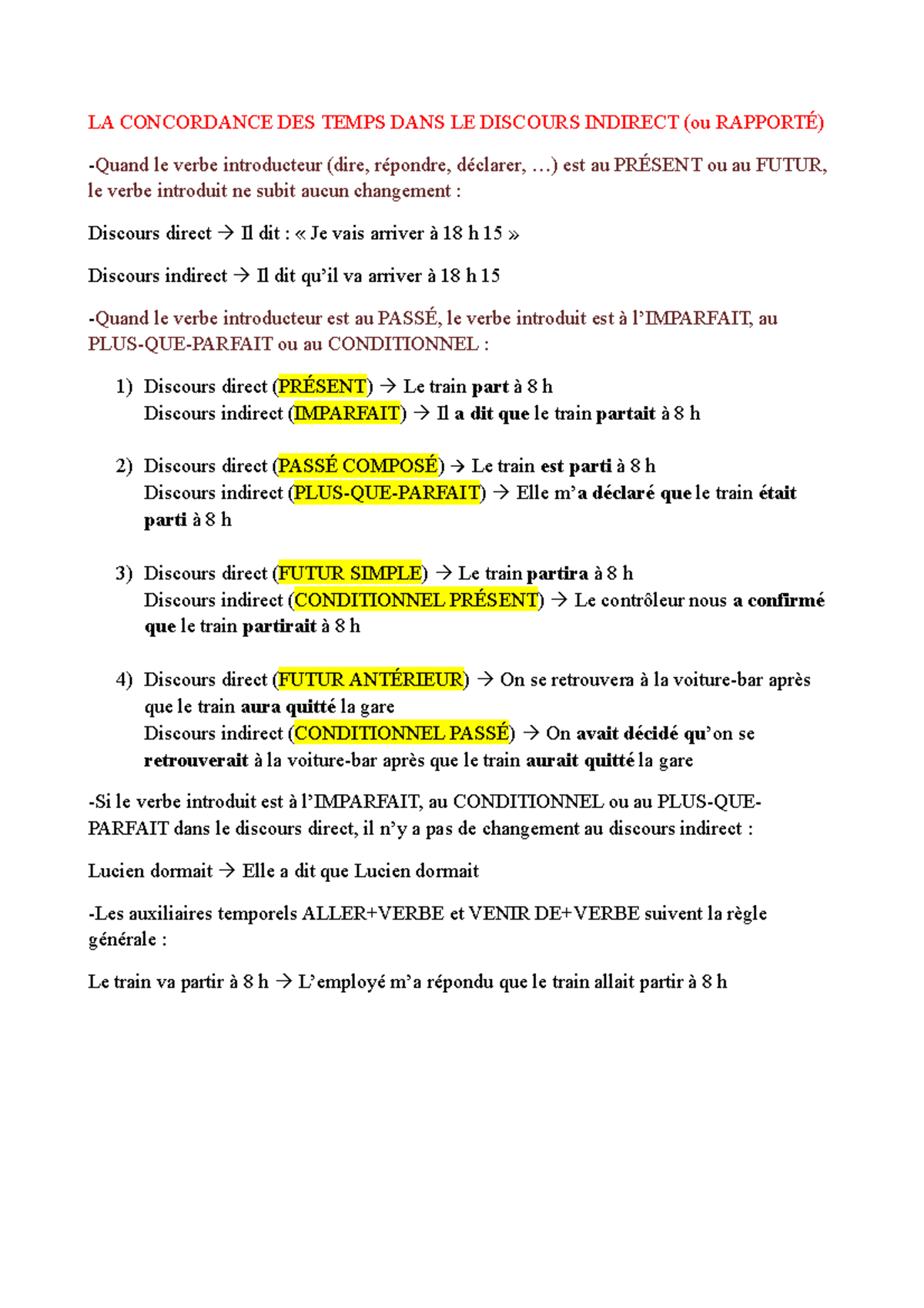 Le Discours Indirect - LA CONCORDANCE DES TEMPS DANS LE DISCOURS ...