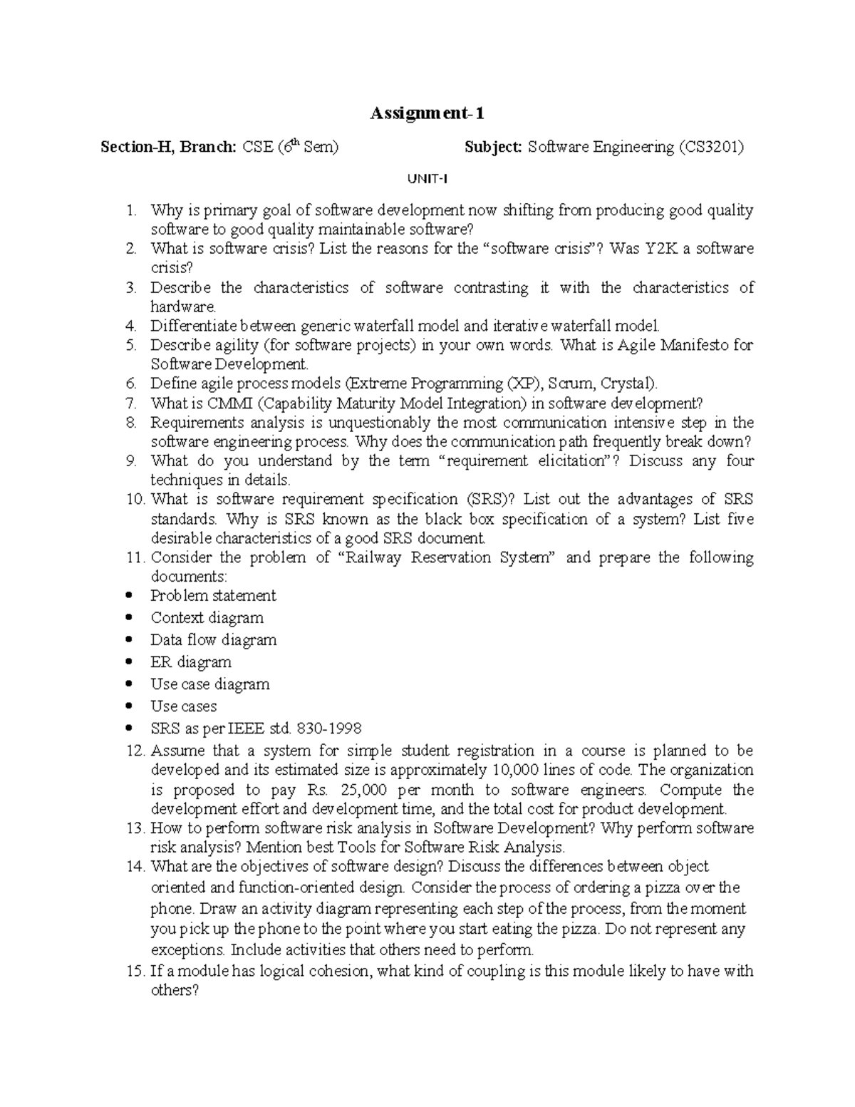 Assignment-1 SE - Assignment- Section-H, Branch: CSE (6th Sem) Subject ...