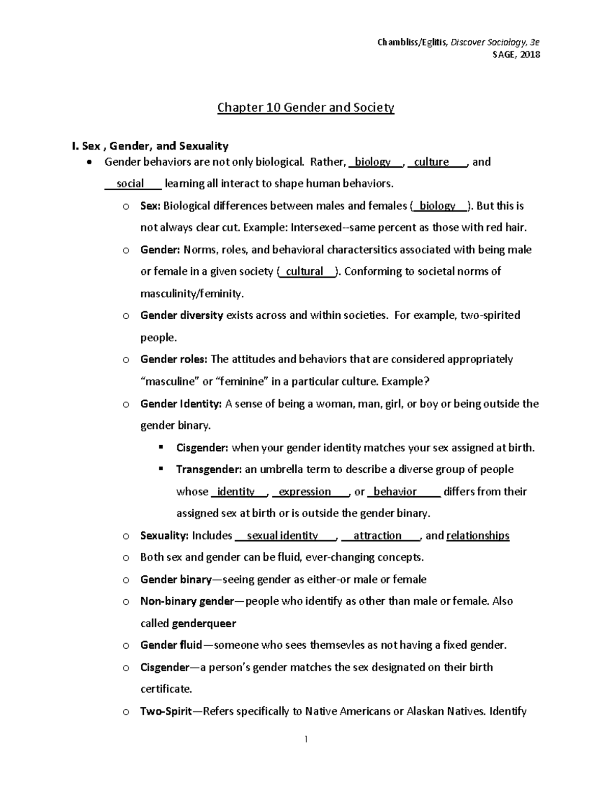 Ch 10 Gender notes Students brief - SAGE, 2018 Chapter 10 Gender and ...