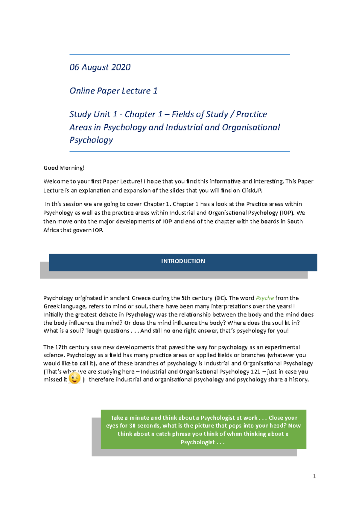 BDO 121 - Paper Lecture 1 - Study Unit 1 - Chapter 1 - 06 August 2020 ...