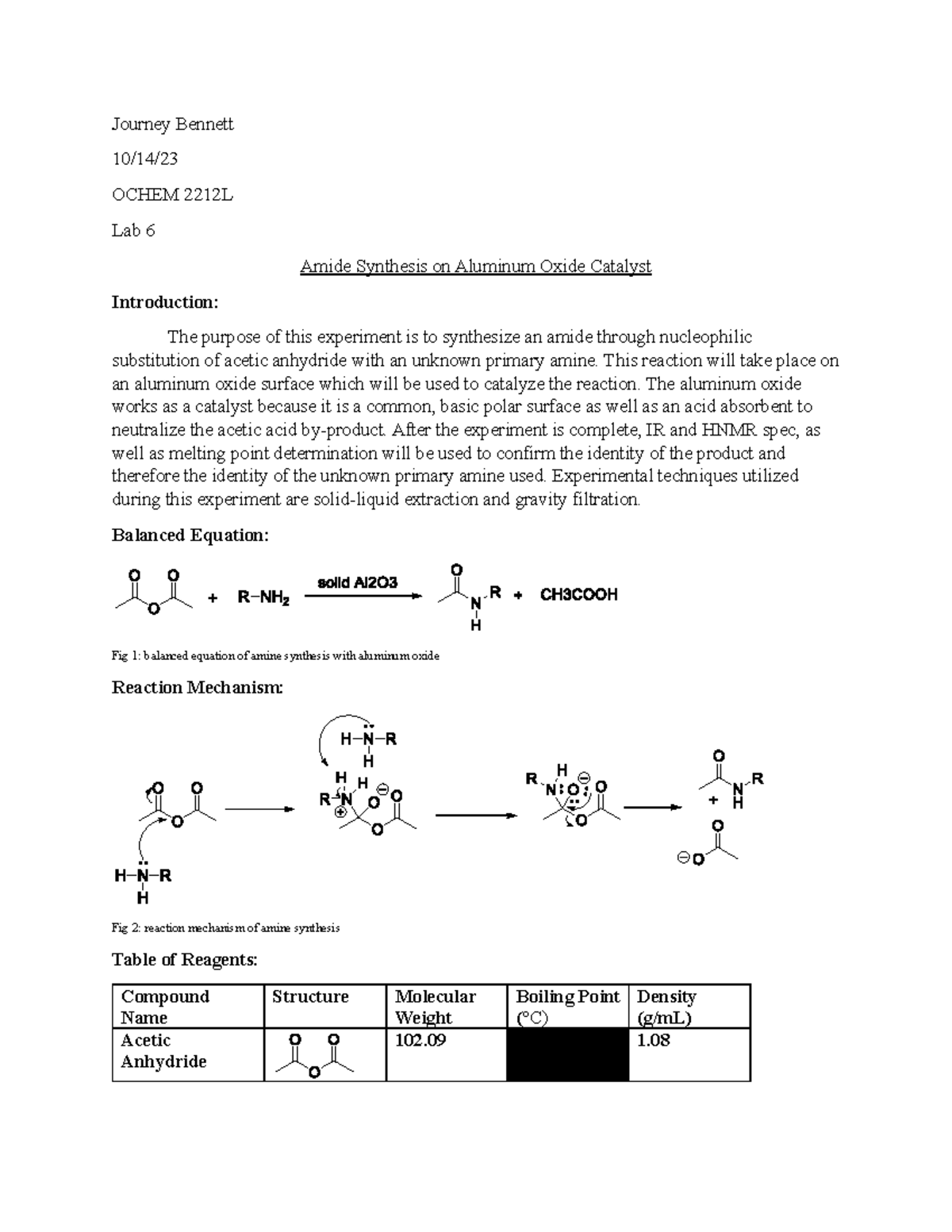 Ochemlab 6-Amine Synthesis - Journey Bennett 10/14/ OCHEM 2212L Lab 6 ...