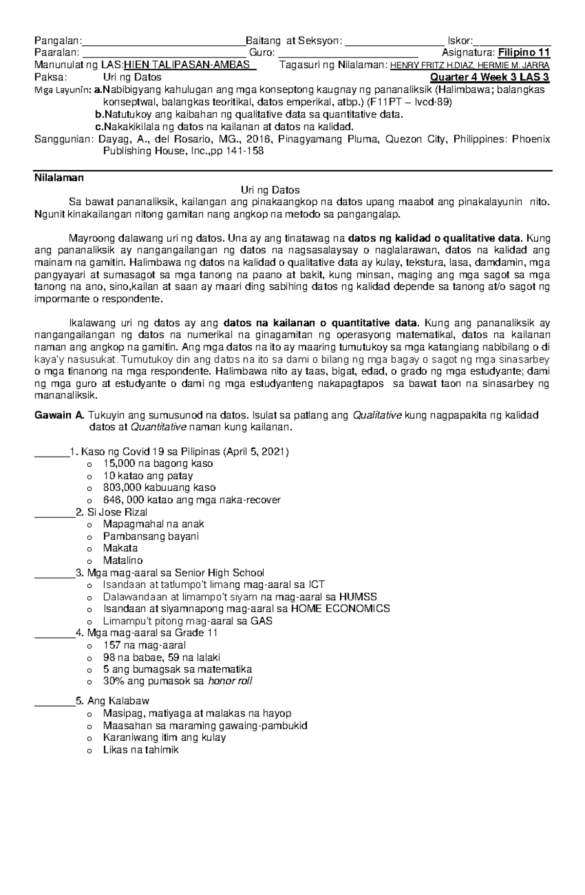 Filipino-11- Quarter-4-WEEK-3-LAS-3 - Pangalan:_______________Baitang at Seksyon ...