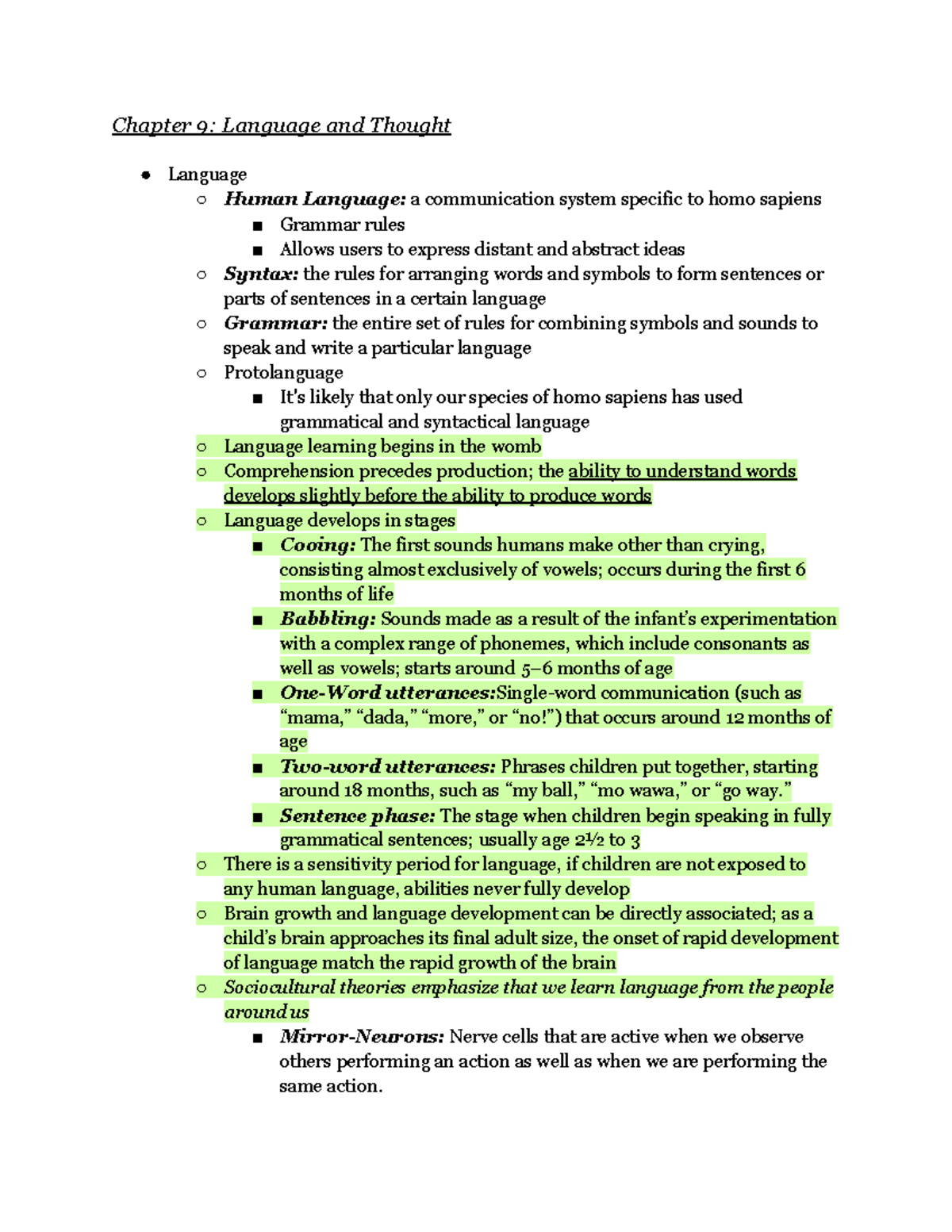 Psych Exam 3 Notes - Chapter 9: Language and Thought Language Human ...
