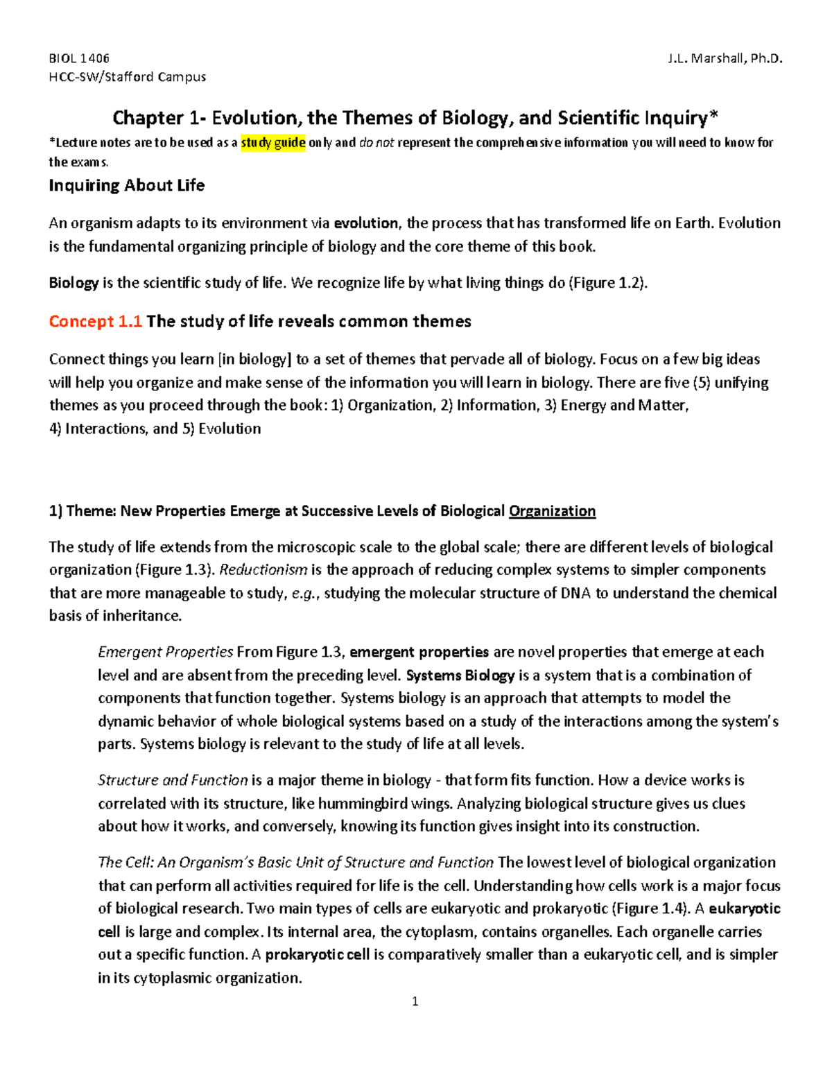 BIOL Chapter 1 lecture notes - HCC-SW/Stafford Campus Chapter 1 ...