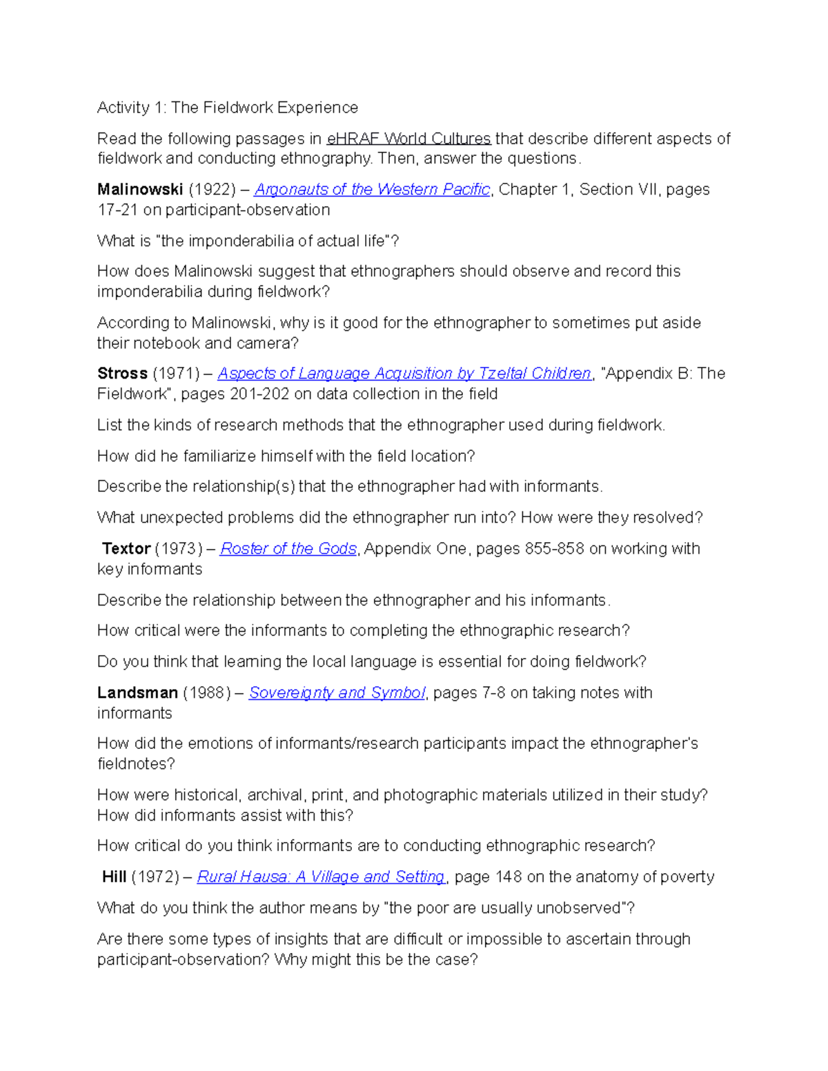 Activity 1 The Fieldwork Experience - Activity 1: The Fieldwork ...