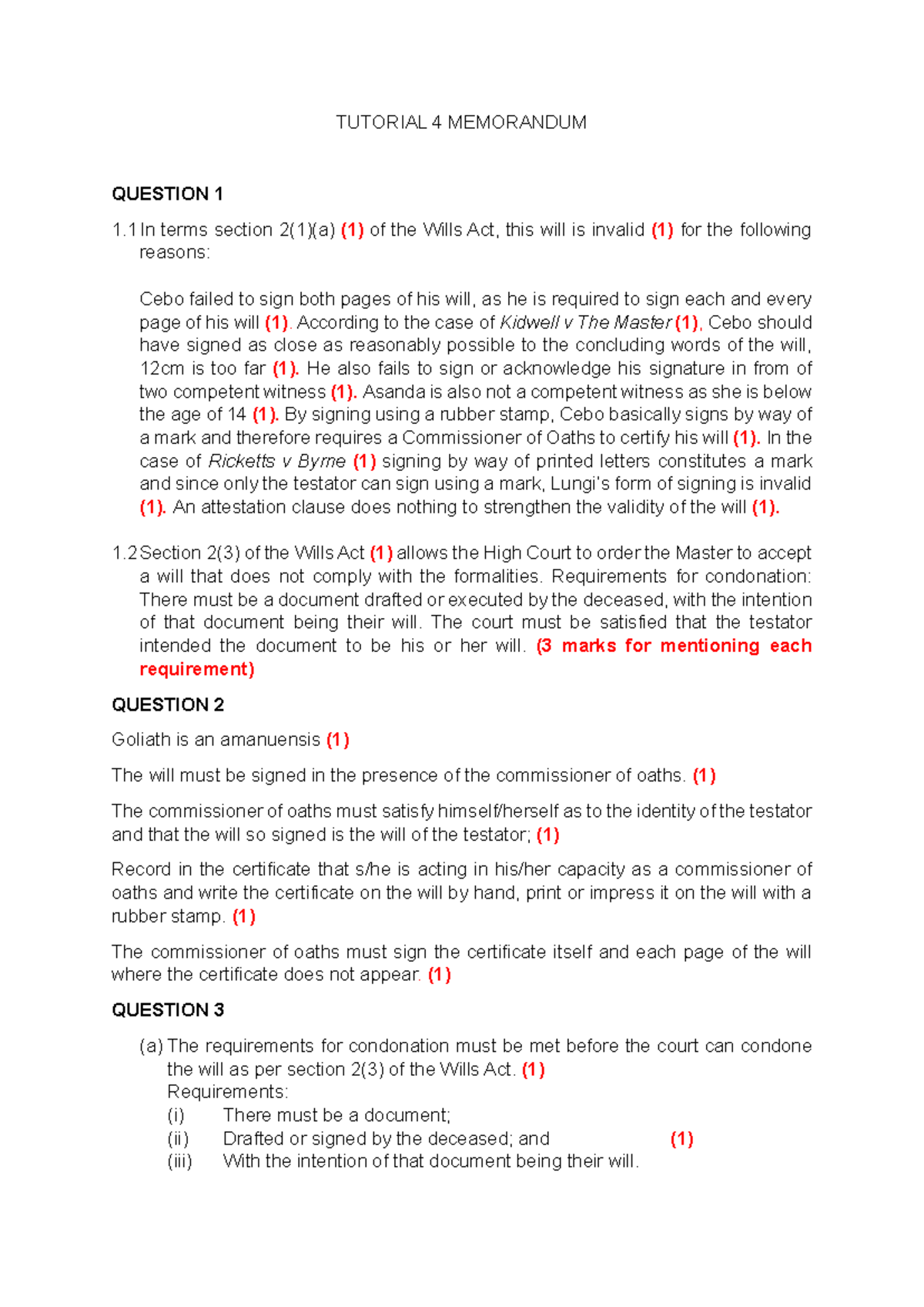 Tutorial 4 Memorandum - TUTORIAL 4 MEMORANDUM QUESTION 1 1 In terms section 2(1)(a) (1) of the ...