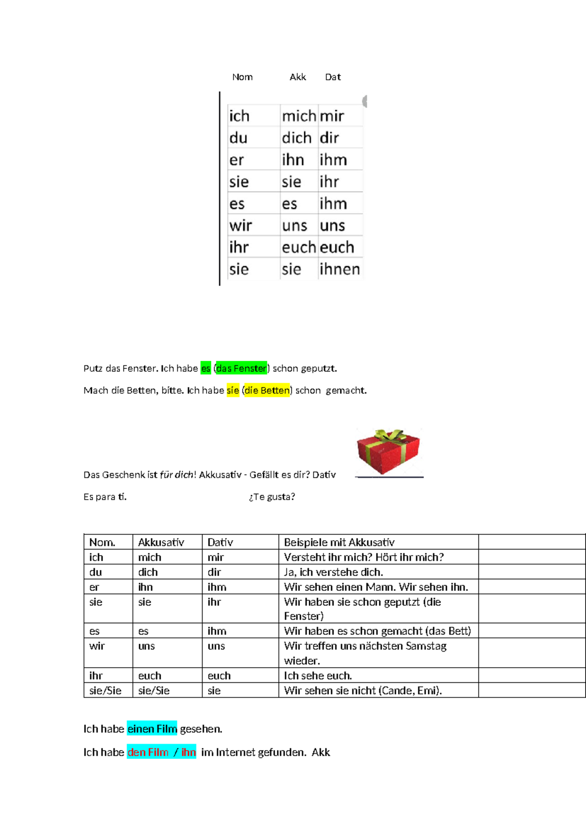 20 Pronomen Dat Ak - material de estudio - Nom Akk Dat Putz das Fenster ...