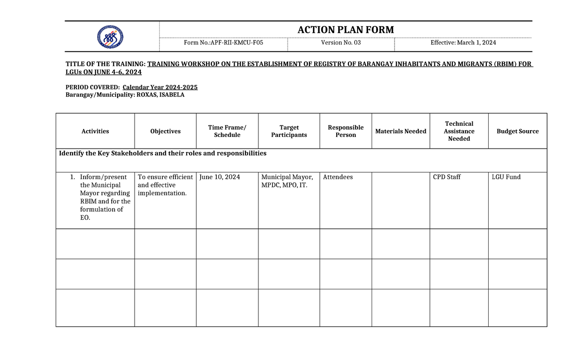 Action-Plan Roxas - ACTION PLAN FORM Form No.:APF-RII-KMCU-F05 Version ...