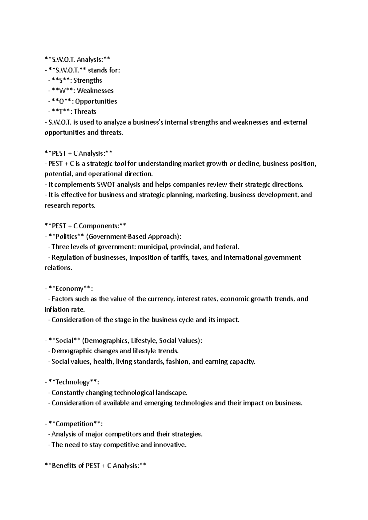 Business BOH4M1 notes - S.W.O. Analysis: S.W.O. stands for: S ...