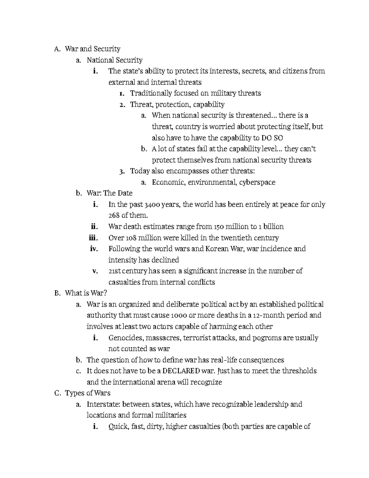 Glo Pol Chapter 6 - A. War and Security a. National Security i. The ...