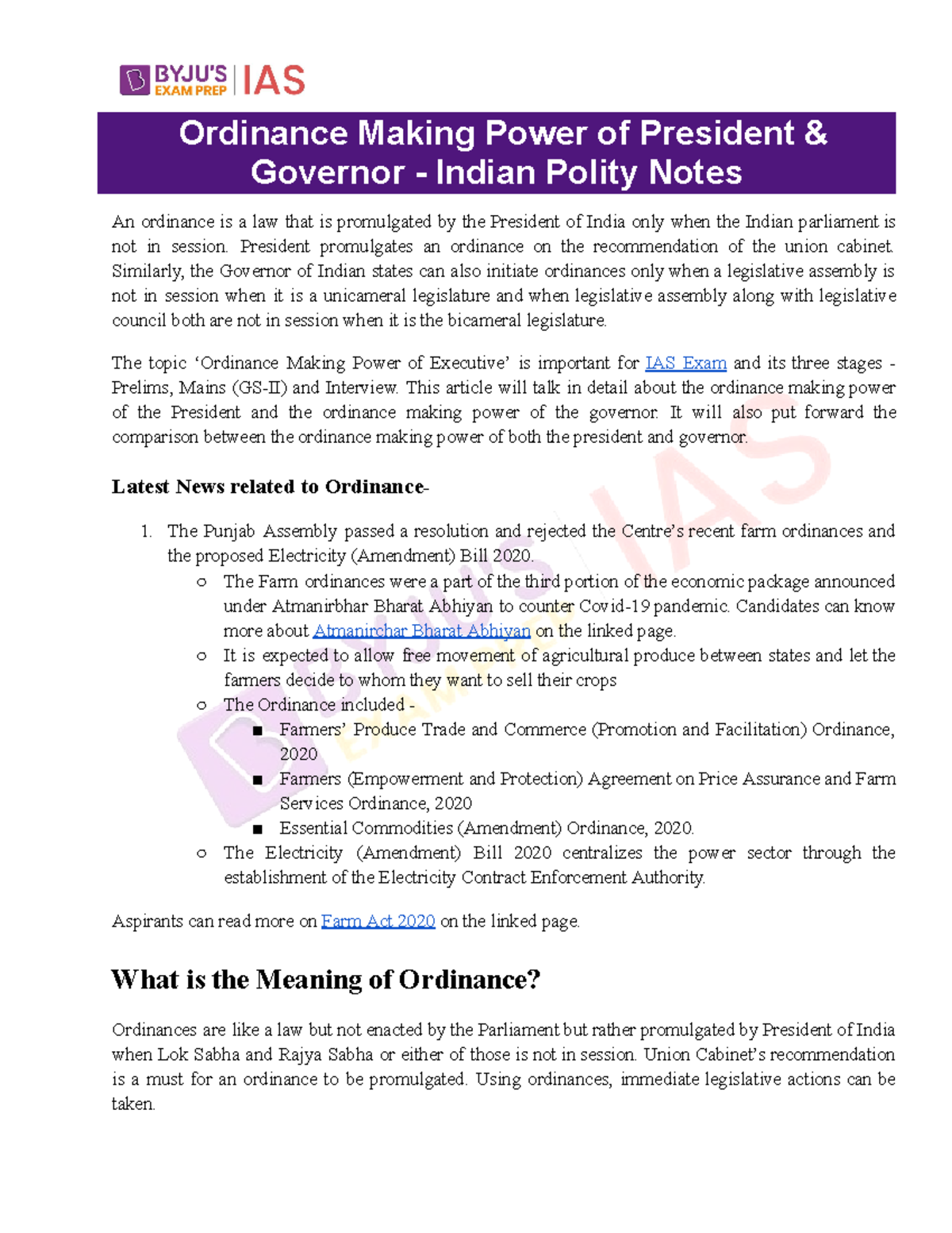Byjus Exam Prep Ordinance Making Power of President Governor 2023 ...
