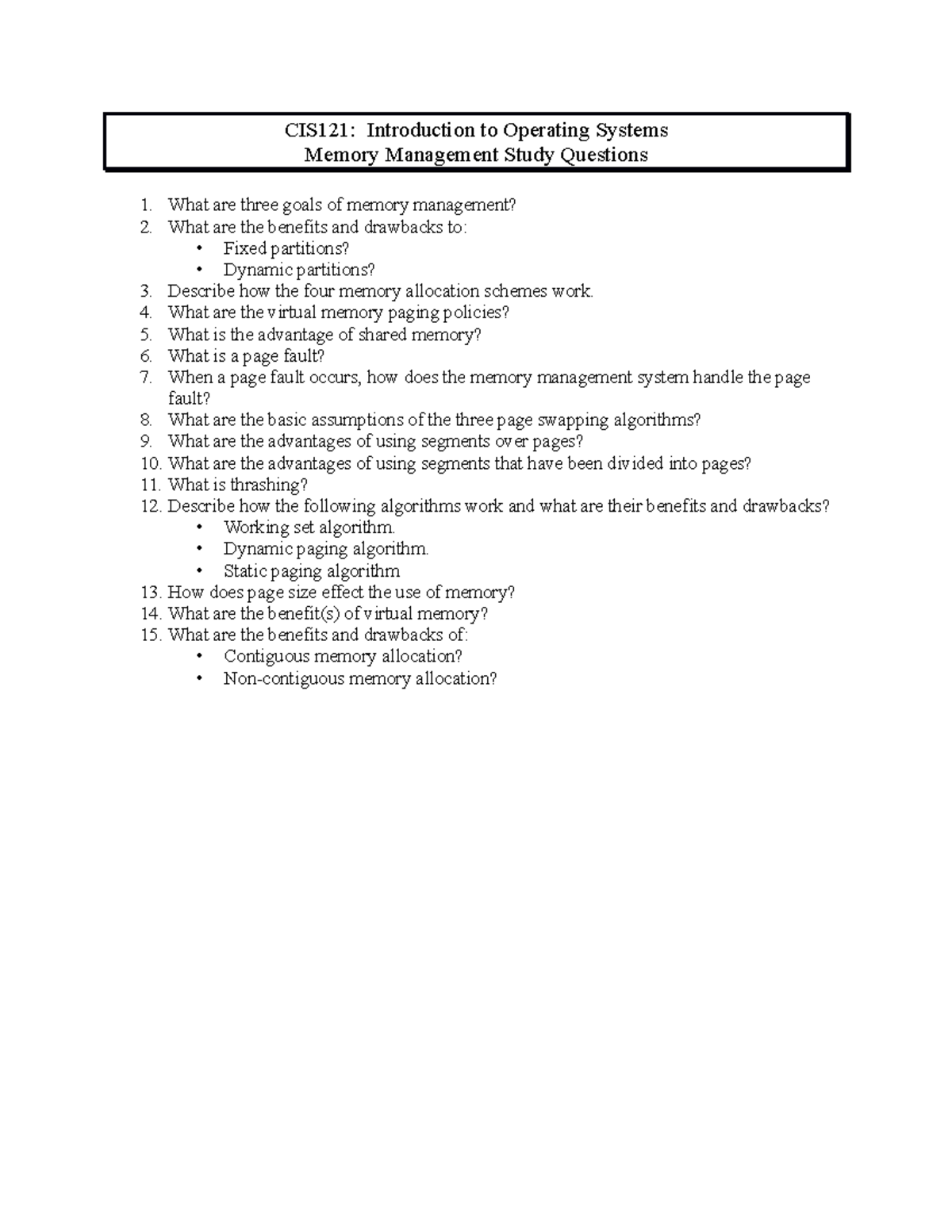 Memory Management Study Questions - CIS121: Introduction to Operating ...