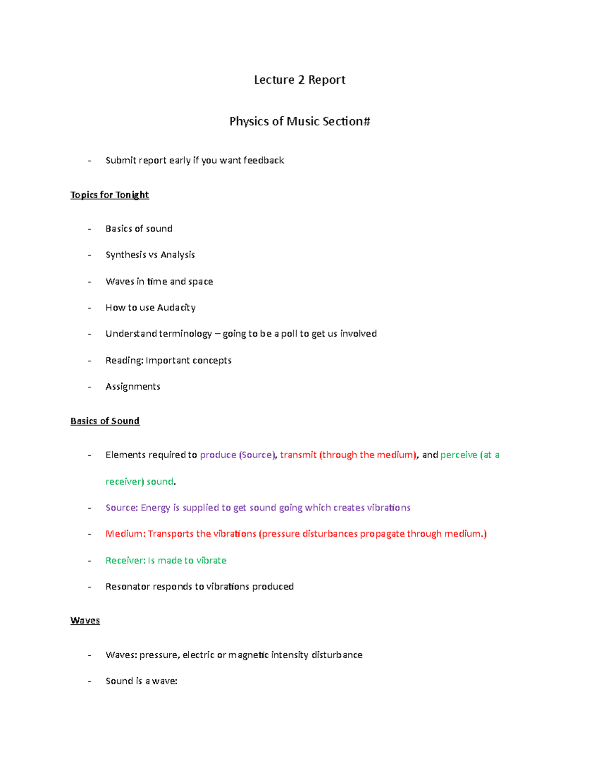 Lecture 2 Report - Lecture 2 Report Physics of Music Section# - Submit ...