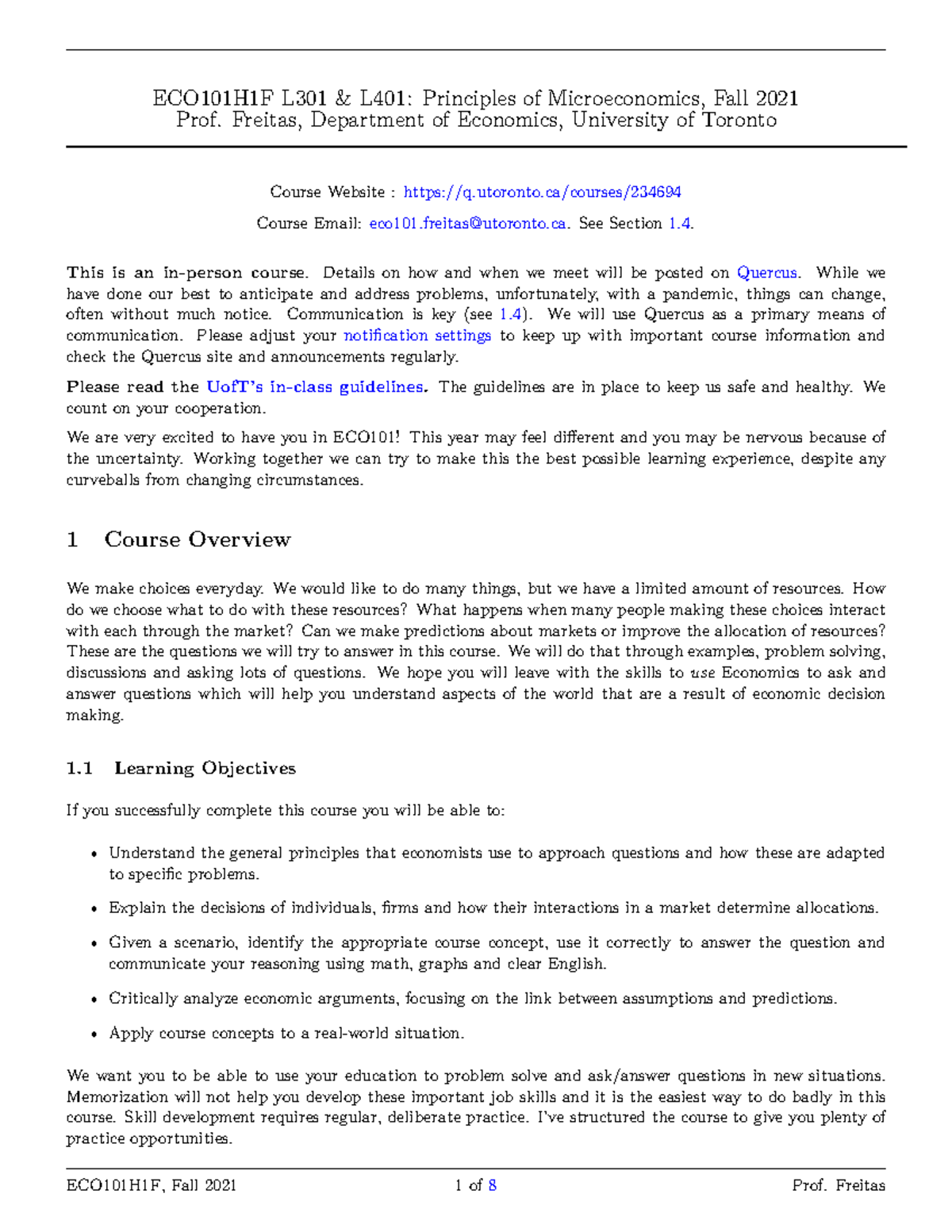 ECO101 Fall 2021 L301 L401 Syllabus - ECO101H1F L301 & L401: Principles of Microeconomics, Fall ...