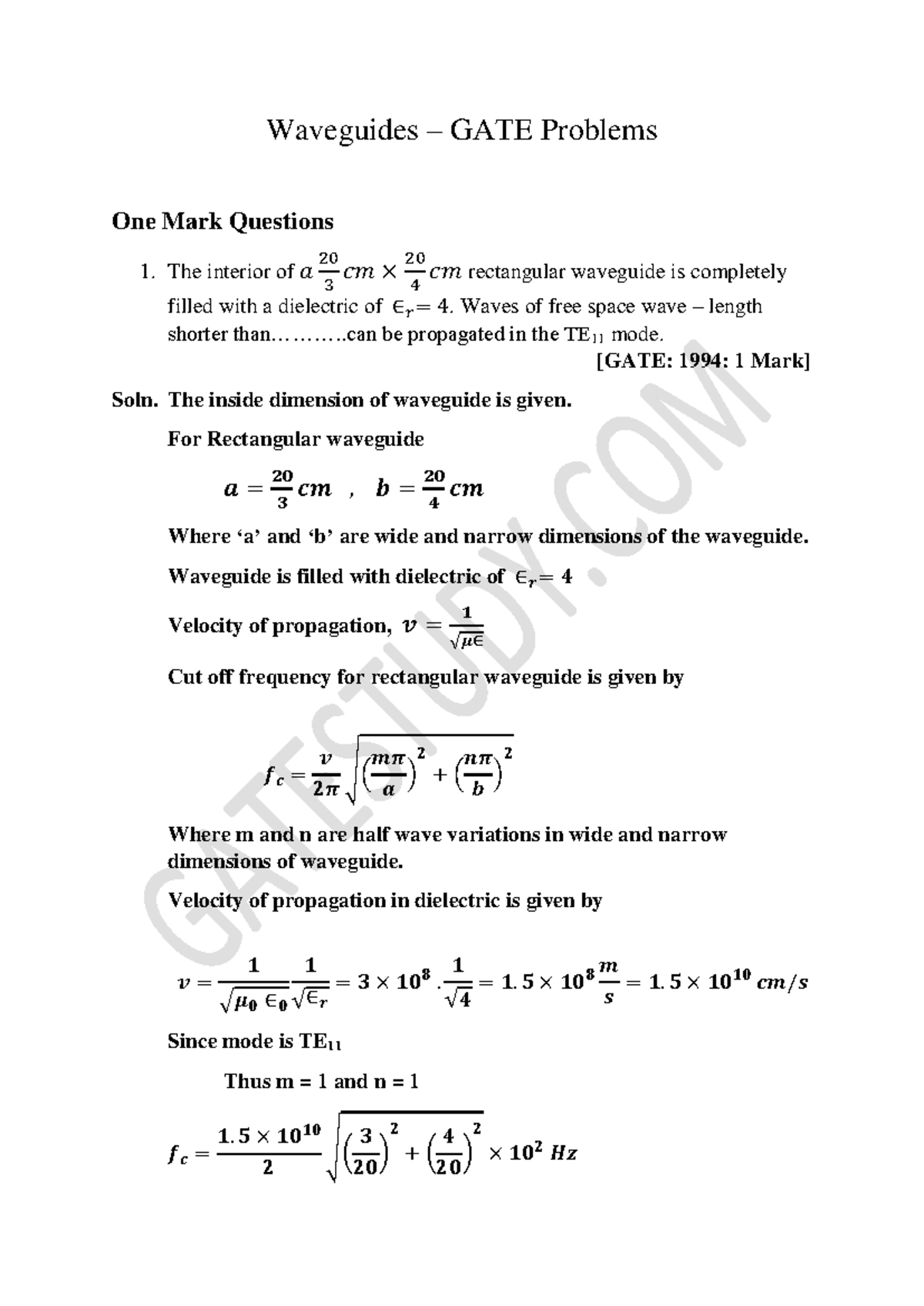 S2 questions - good for practice - Waveguides – GATE Problems One Mark ...