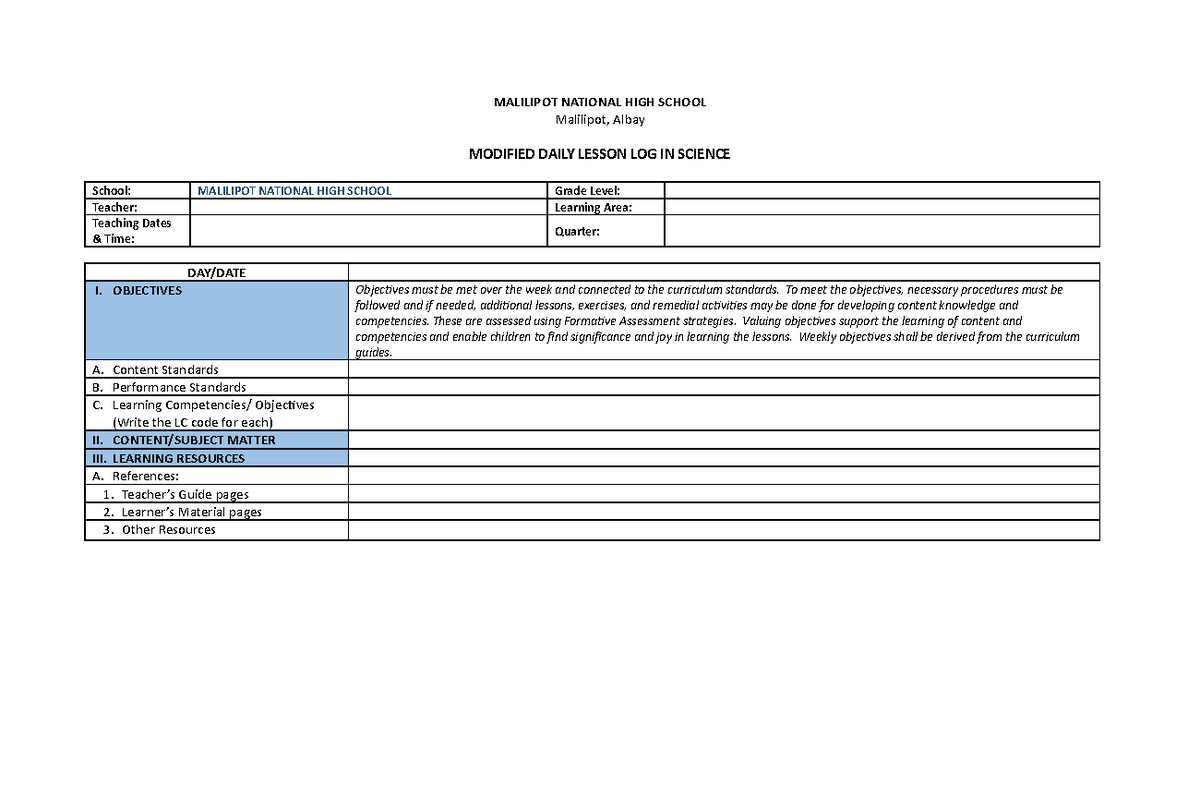 Modified DLL for Science - MALILIPOT NATIONAL HIGH SCHOOL Malilipot ...