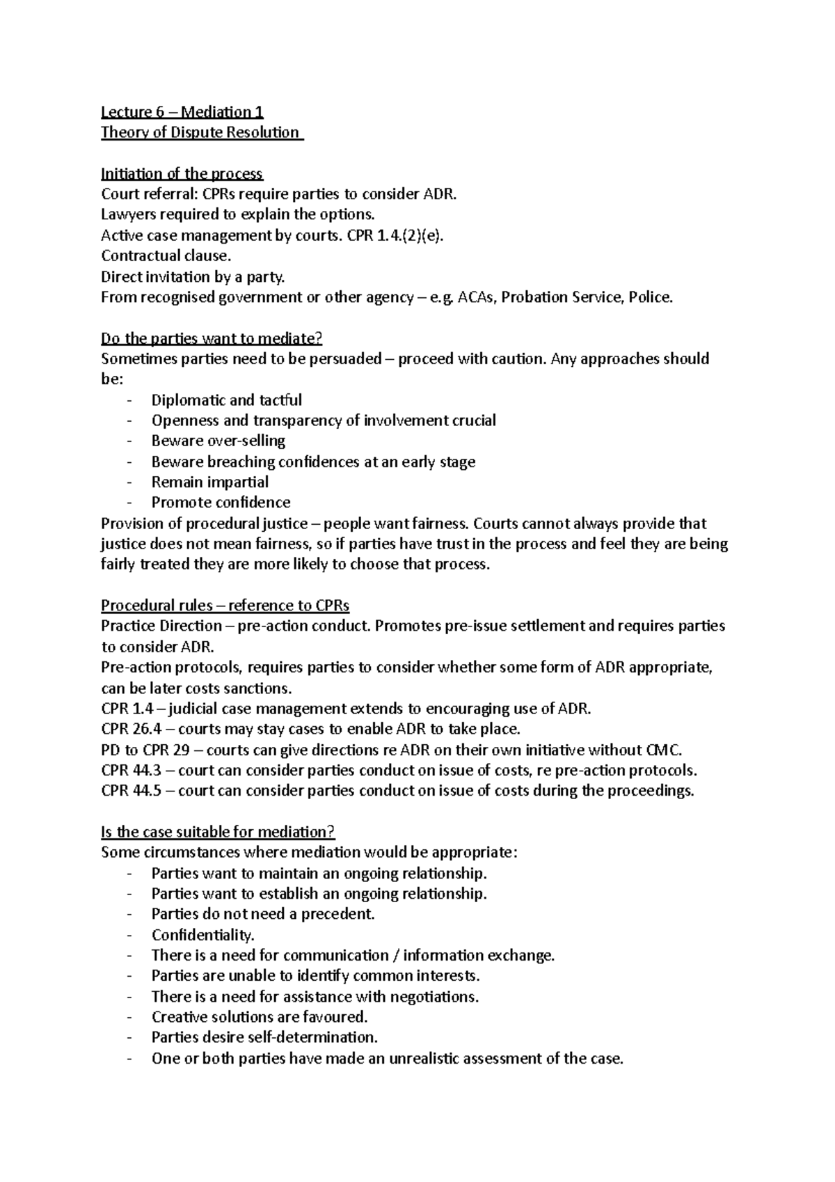 Lecture 6 - Mediation 1 - Notes - Lecture 6 – Mediation 1 Theory of ...