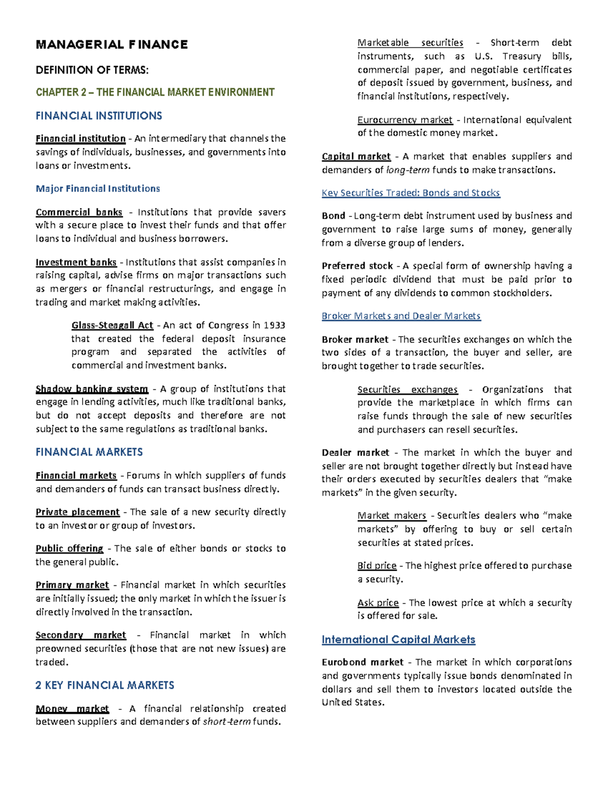 FM Chapter 2 definition of terms and summary - MANAGERIAL FINANCE DEFINITION OF TERMS: CHAPTER 2 ...