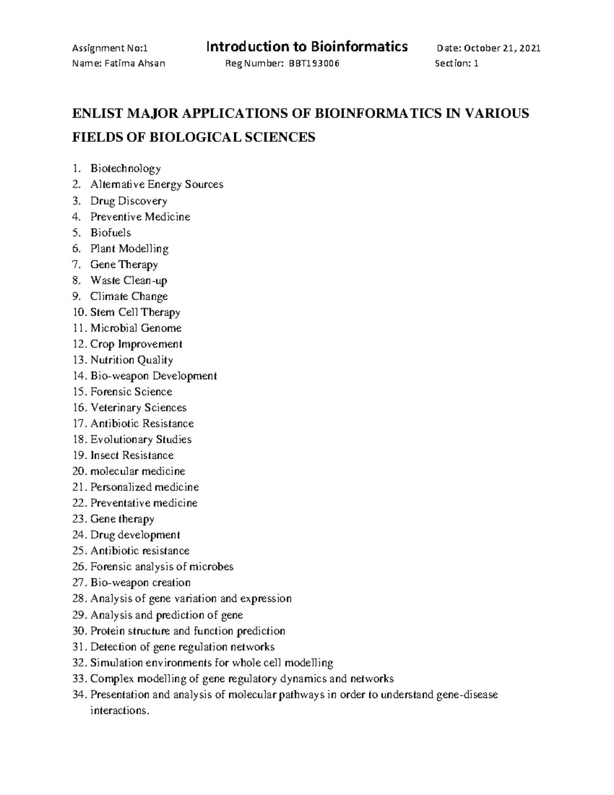 MAJOR APPLICATIONS OF BIOINFORMATICS - Studocu