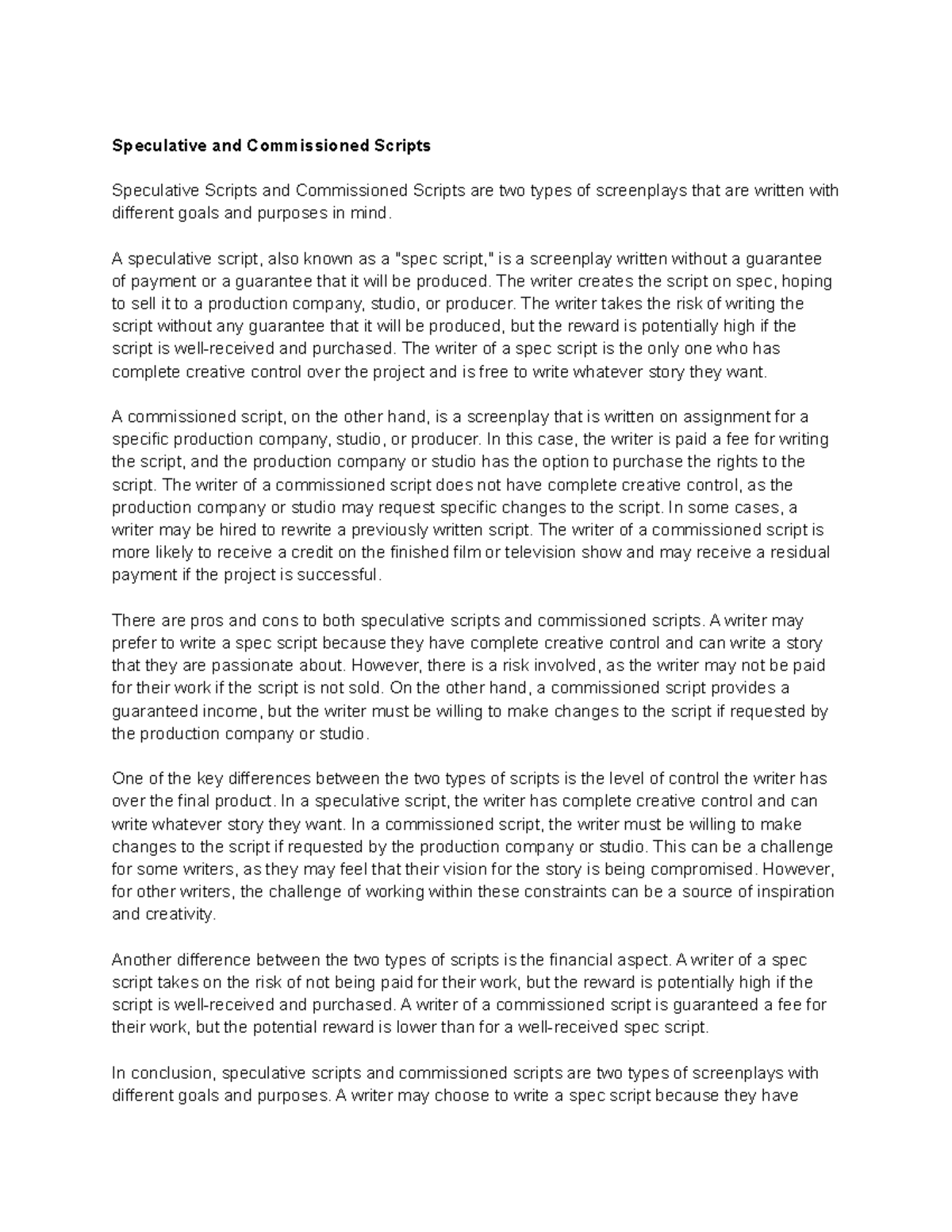 Speculative and Commissioned Scripts - Speculative and Commissioned ...