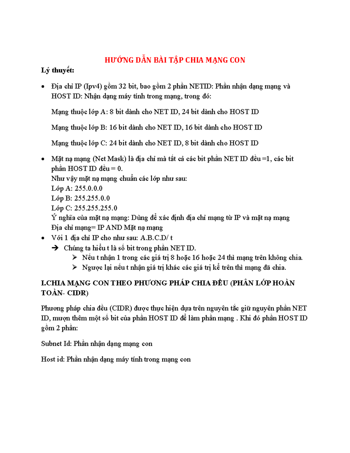 514586379 HU O NG DA N BA I TA Pchia MA NG CON - HƯỚNG DẪN BÀI TẬP CHIA MẠNG CON Lý thuyết: Địa ...