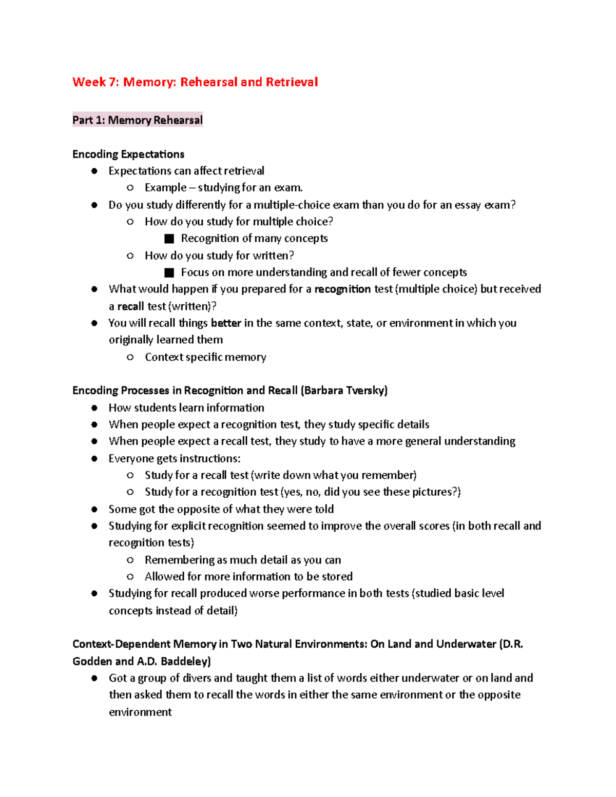 Week 7 Memory Rehearsal and Retrieval - Week 7: Memory: Rehearsal and ...