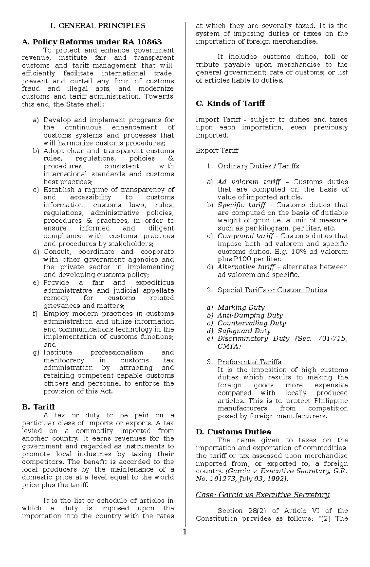 Customs and Tariff Law Outlline - I. GENERAL PRINCIPLES A. Policy ...