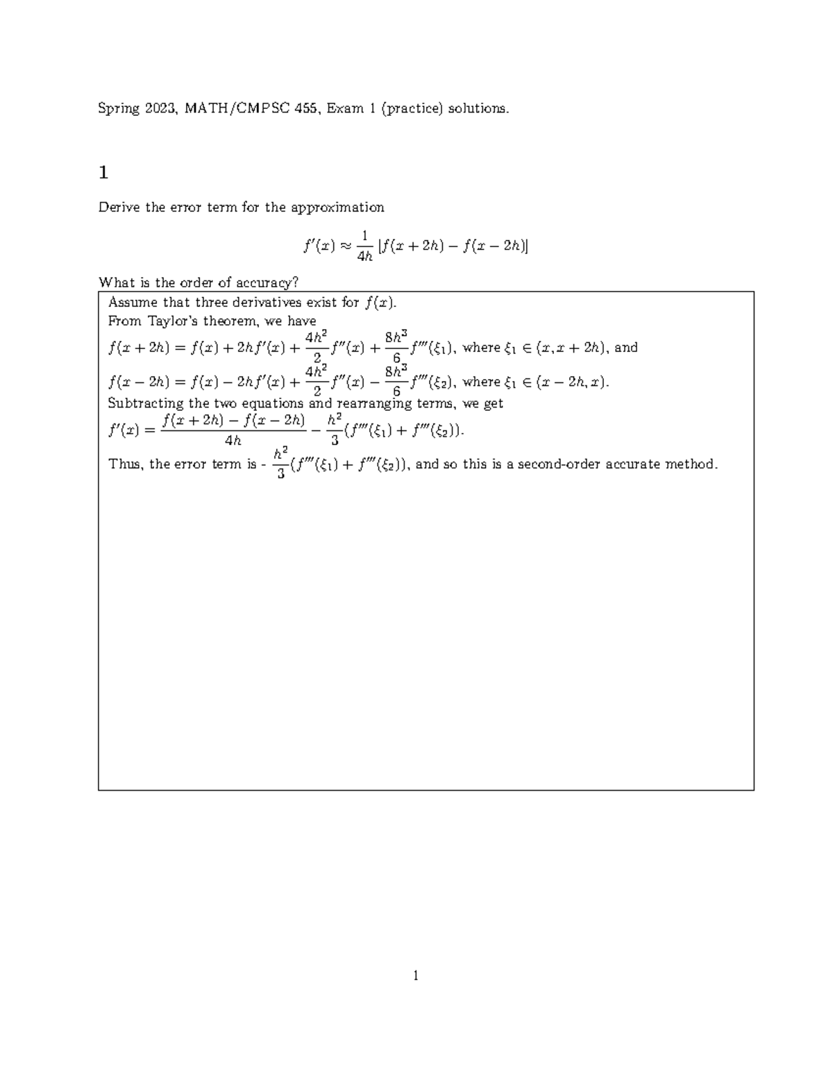 Exam1 practice solutions - Spring 2023, MATH/CMPSC 455, Exam 1 (practice) solutions. 1 Derive ...