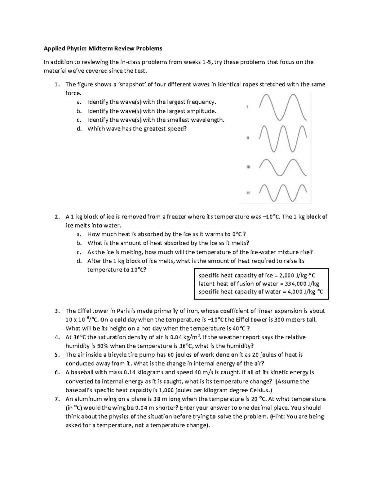 Applied Physics Midterm Review Problems - 1. The figure shows a ‘snapshot’ of four different ...