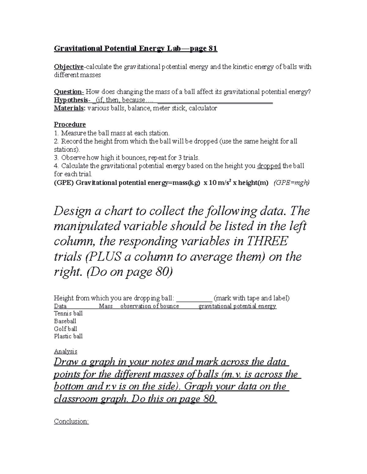 Physical science chapter 4 Gravitational Potential Energy Lab With ...