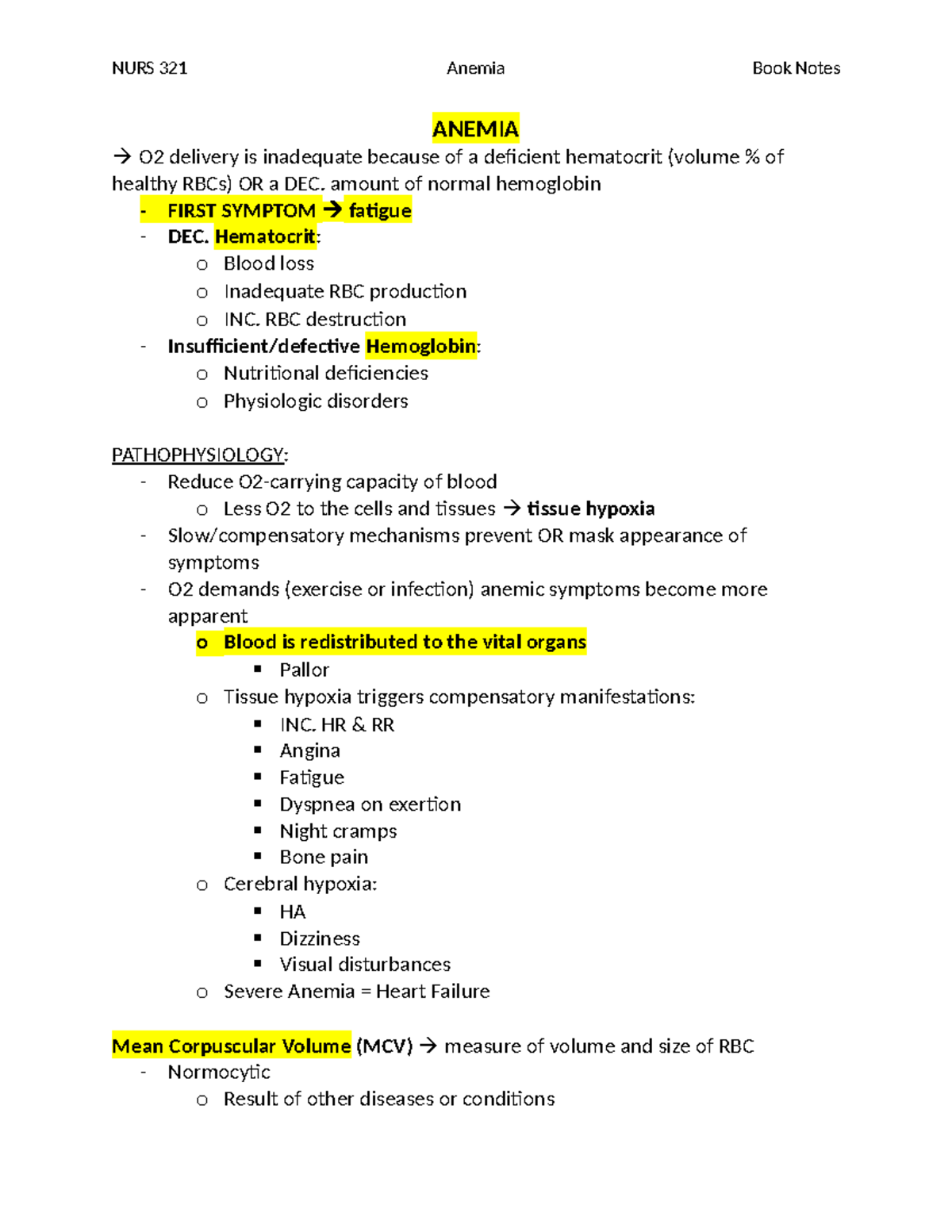 Anemia Book Notes - ANEMIA O2 delivery is inadequate because of a ...