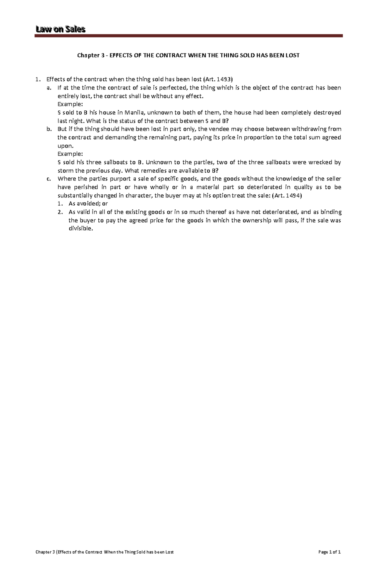 3 - Effects of the contract - 1493) a. If at the time the contract of ...