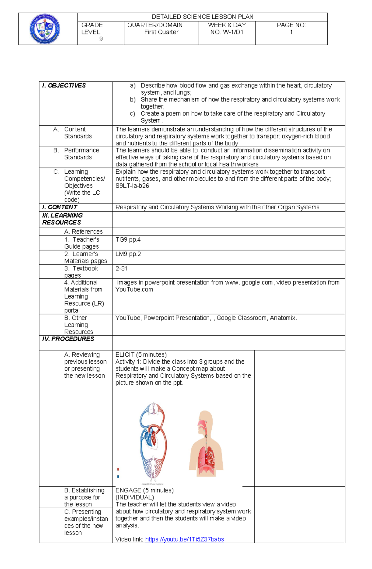 7ES Detailed Science Lesson PLAN - I. OBJECTIVES a) Describe how blood ...