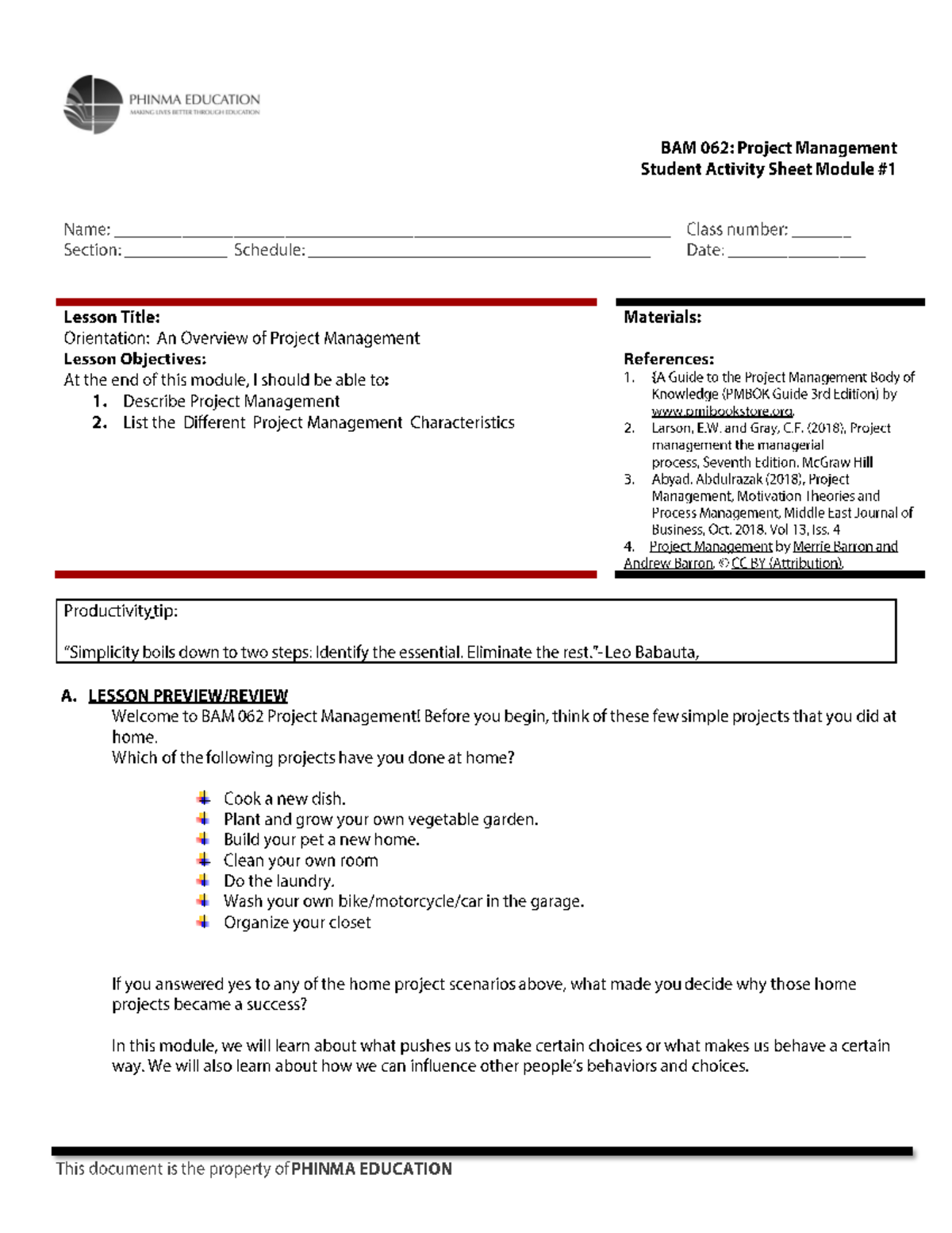 SAS #1-BAM 062 - PROJECT MANAGEMENT SAS 1 - Management - - Studocu