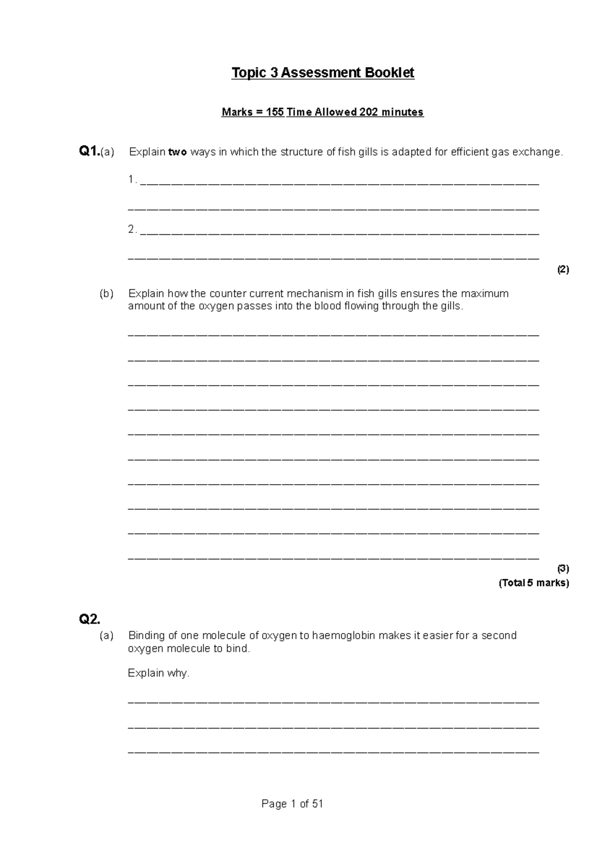 Topic 3 assessment booklet - Topic 3 Assessment Booklet Marks = 155 ...