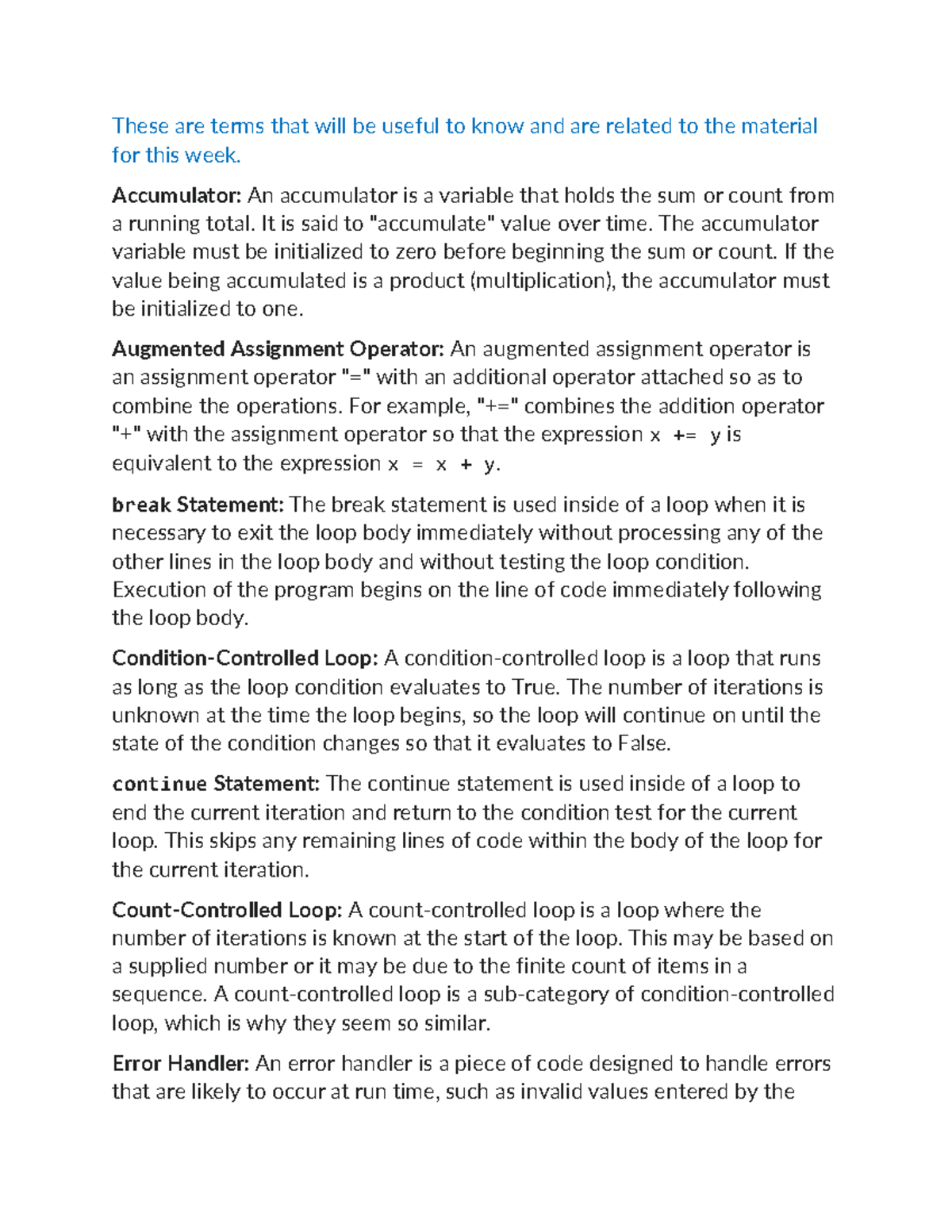 Important Terms for Looping in Python - Studocu