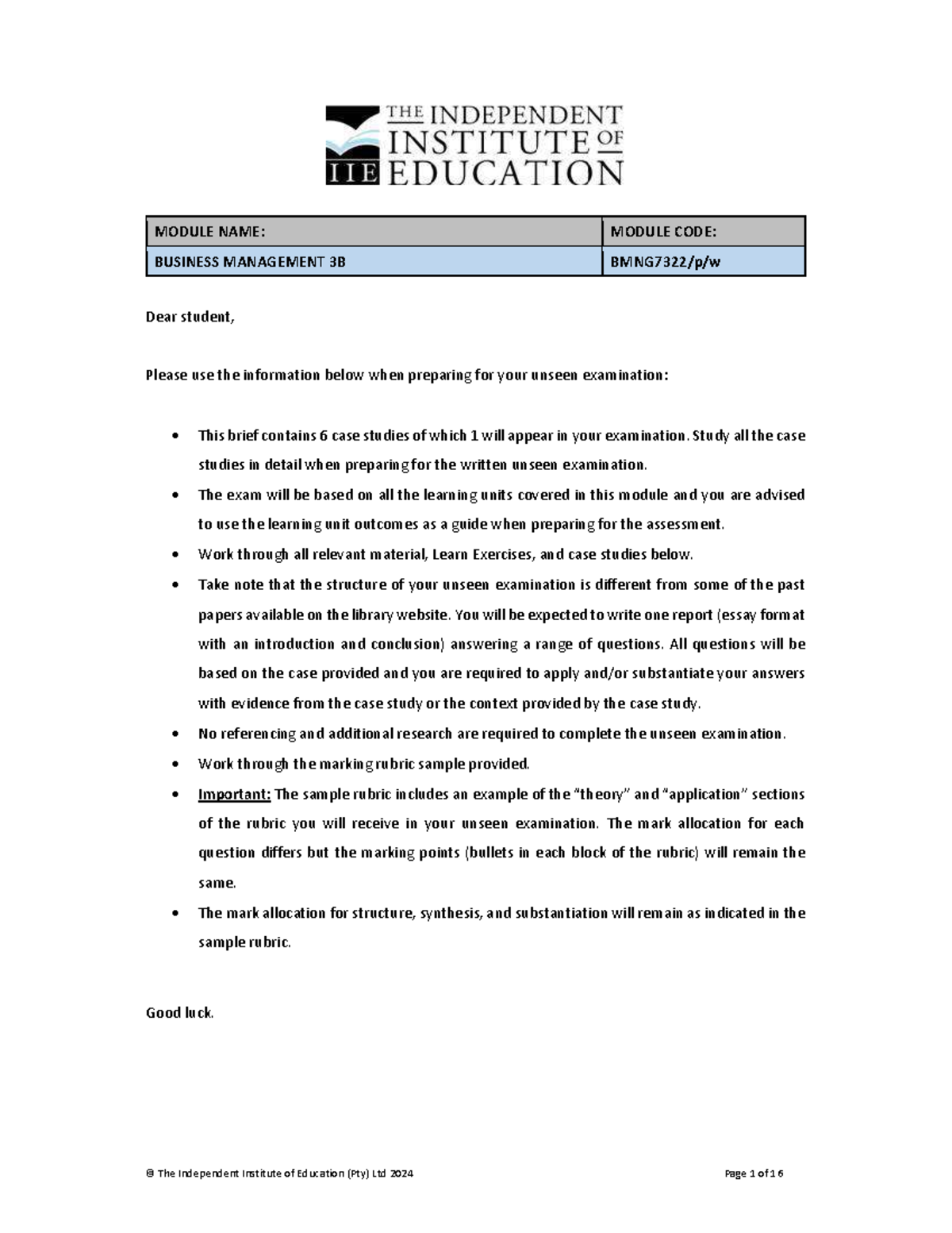 Exam brief - MODULE NAME: MODULE CODE: BUSINESS MANAGEMENT 3B BMNG7322 ...