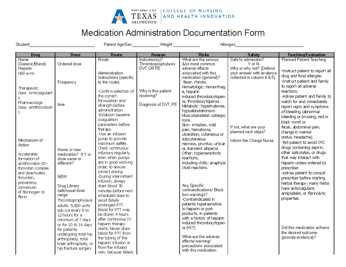 Heparin - medication sheet - Medication Administration Documentation ...