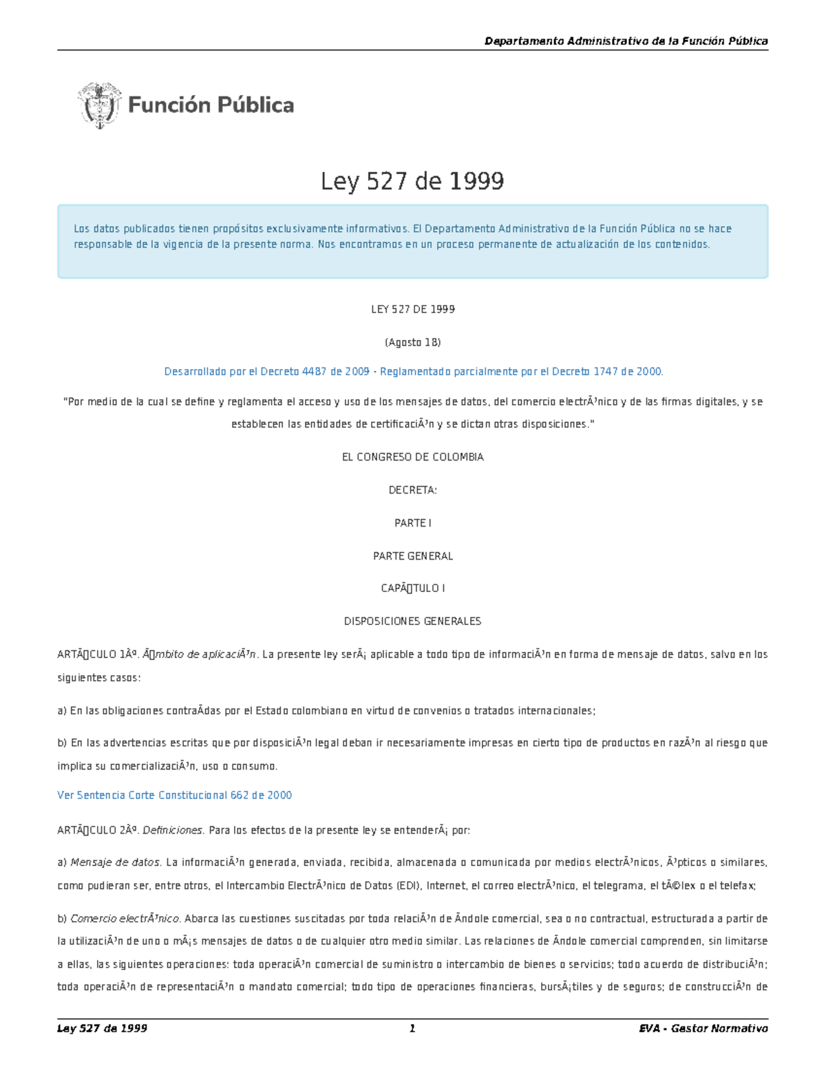 Ley 527 de 1999 Gestor Normativo - Ley 527 de 1999 Los datos publicados ...