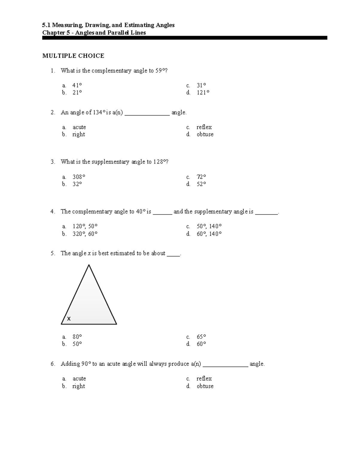 Review Questions on Angles and Prallel Lines - 5 Measuring, Drawing ...