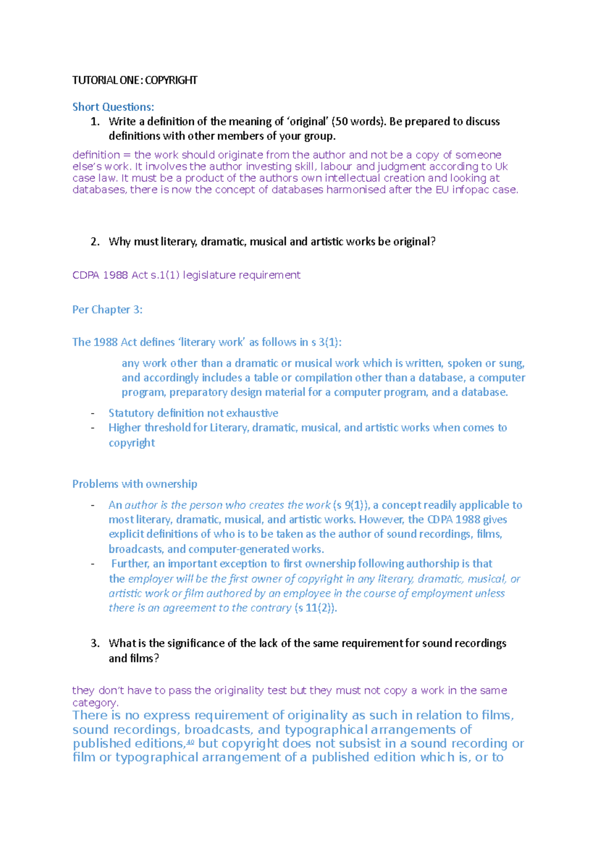 Tutorial 1- copyright - TUTORIAL ONE: COPYRIGHT Short Questions: 1 ...