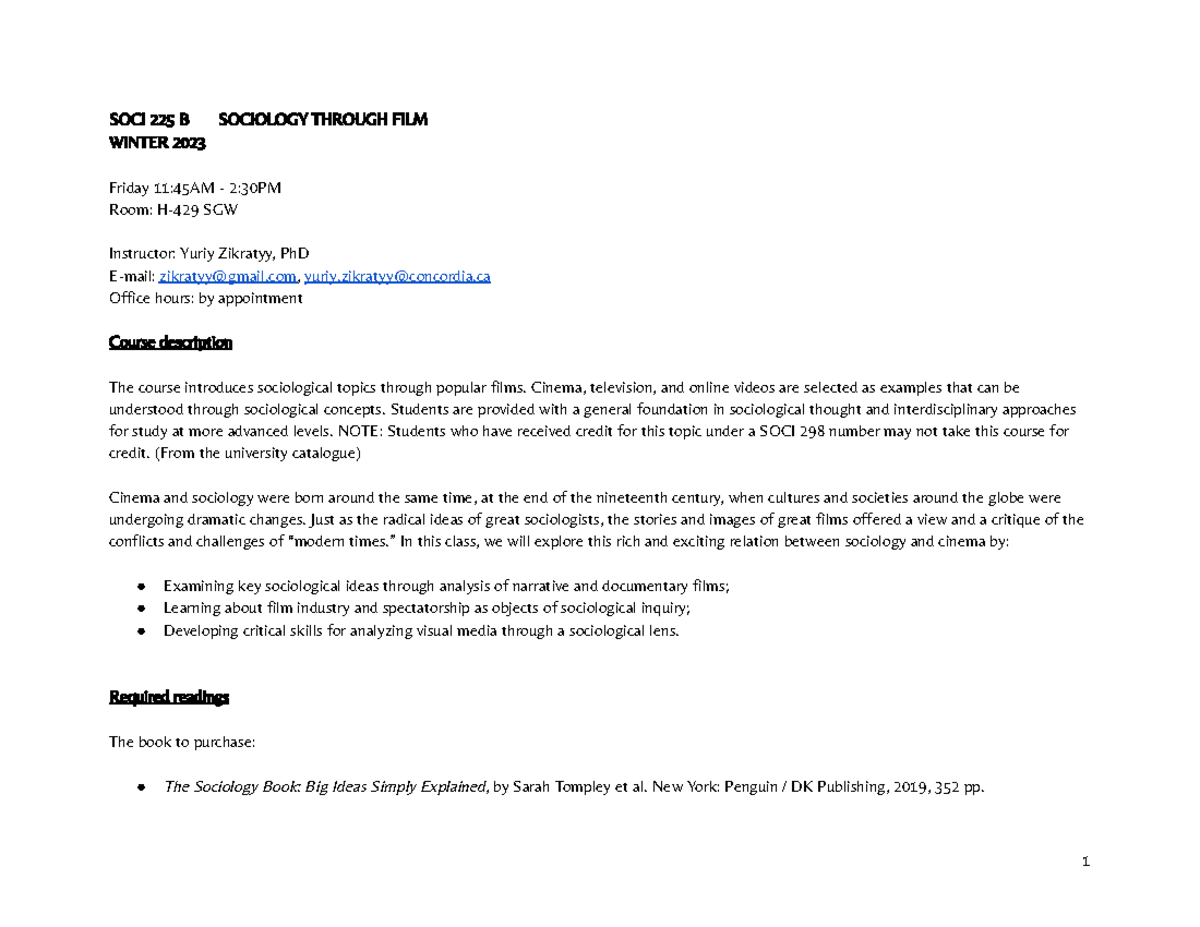 SOCI 225 B Sociology Thru Film, course outline (Winter 2023) - SOCI 225 ...