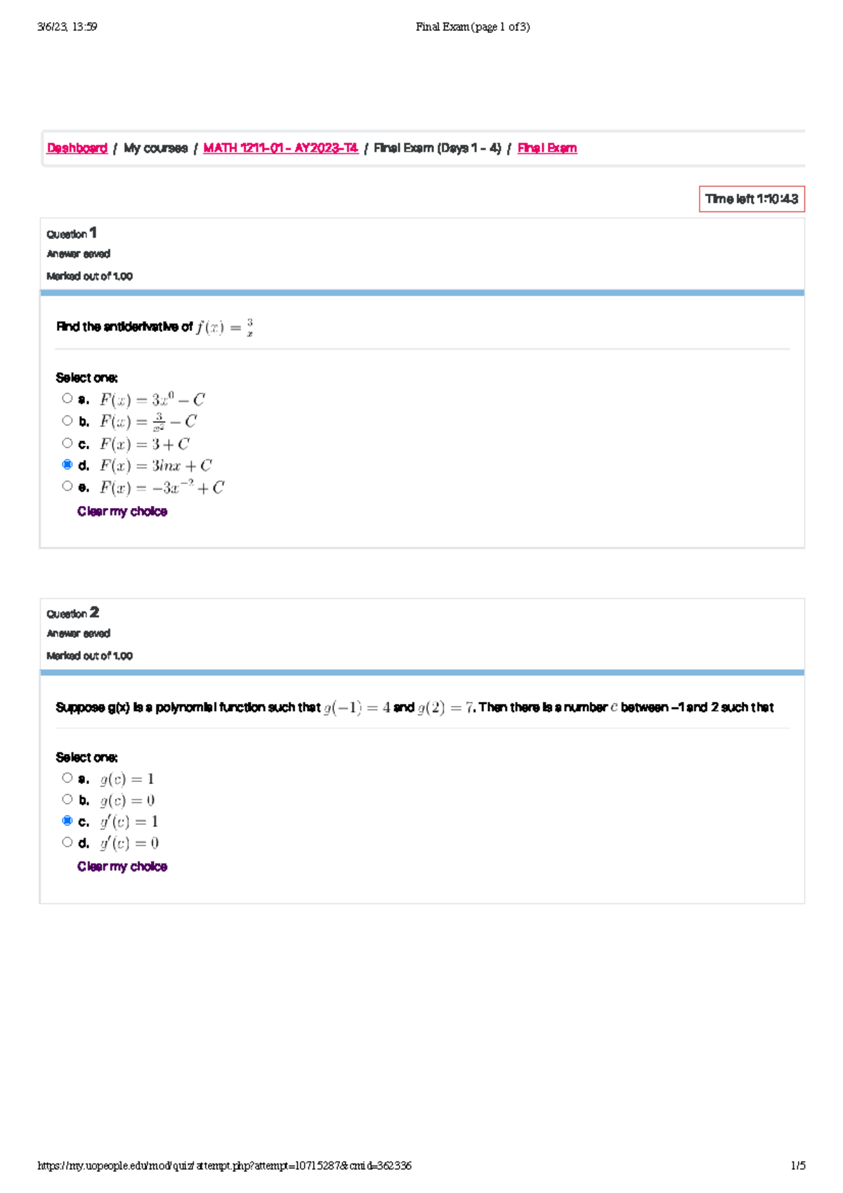 Final Exam (page 1 of 3) - Question 1 Answer saved Marked out of 1. 00 ...
