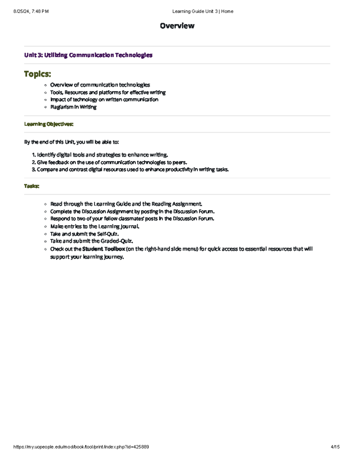 Learning Guide Unit 3 - Overview Unit 3: Utilizing Communication Technologies Topics: Overview ...