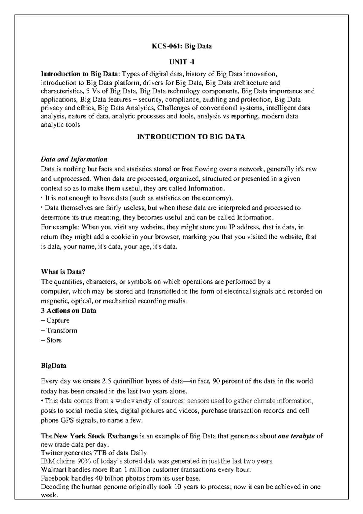 Unit I Kcs 061 Lecture Notes Of Big Data Kcs 061 Unit 1 Introduction To Big Data Covering