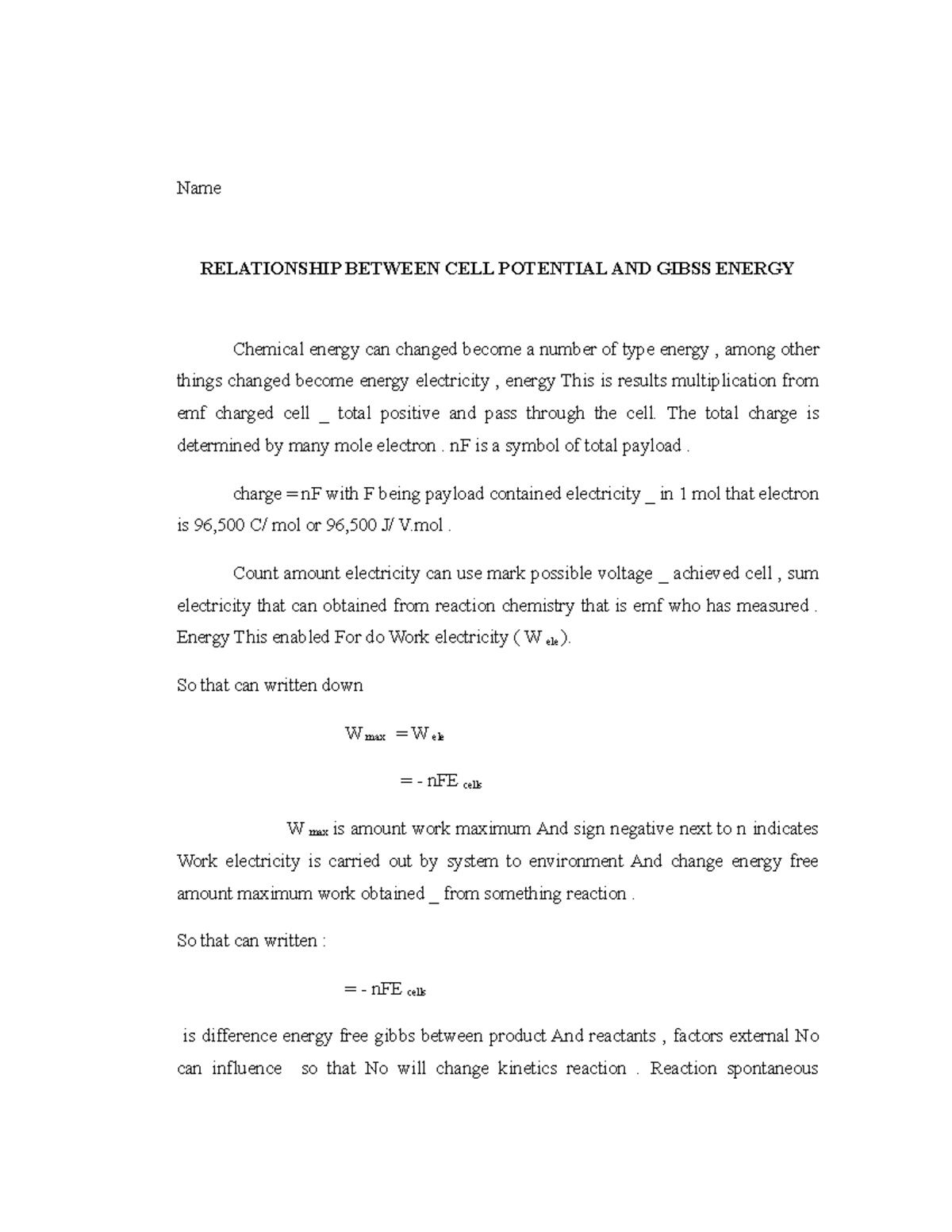 Chemical energy - Name RELATIONSHIP BETWEEN CELL POTENTIAL AND GIBSS ...