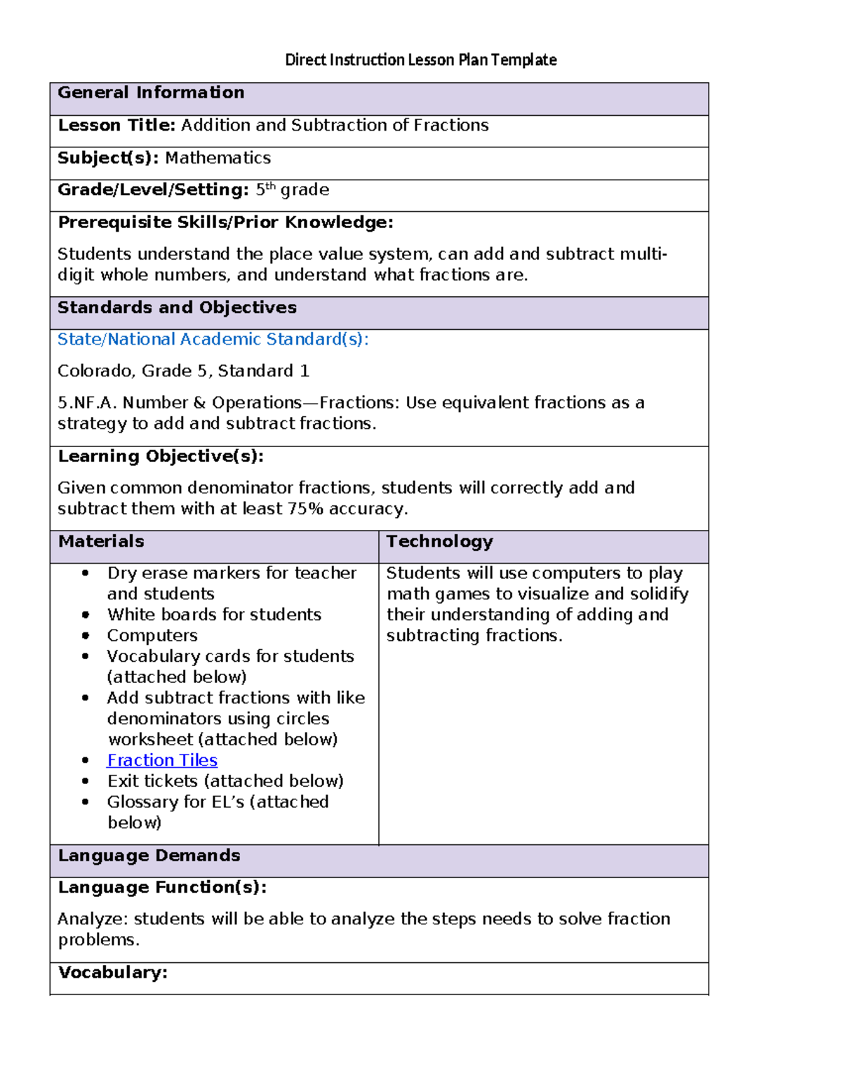 Task 2 Part 1 Direct Instruction - Direct Instruction Lesson Plan ...